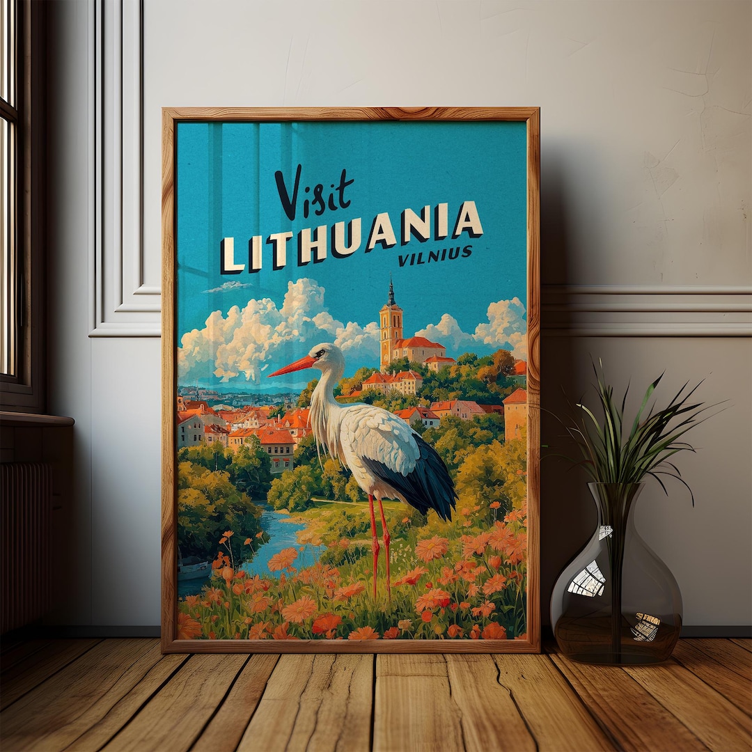 Lithuania Vilnius Vintage Travel Print, Europe, White Stork Poster ...