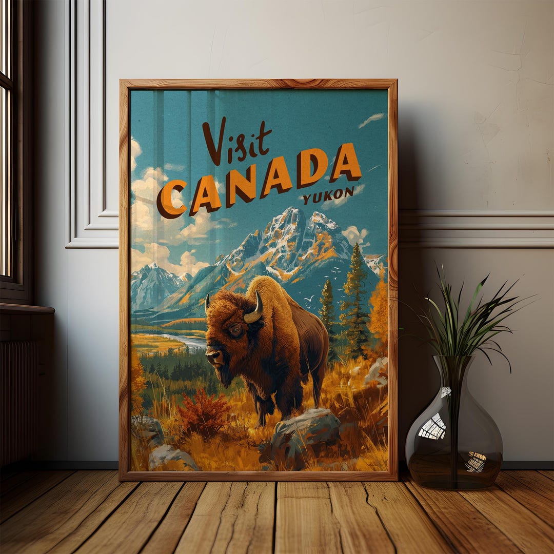 Vintage Yukon Travel Poster: Canada Bison Illustration Art (digital ...