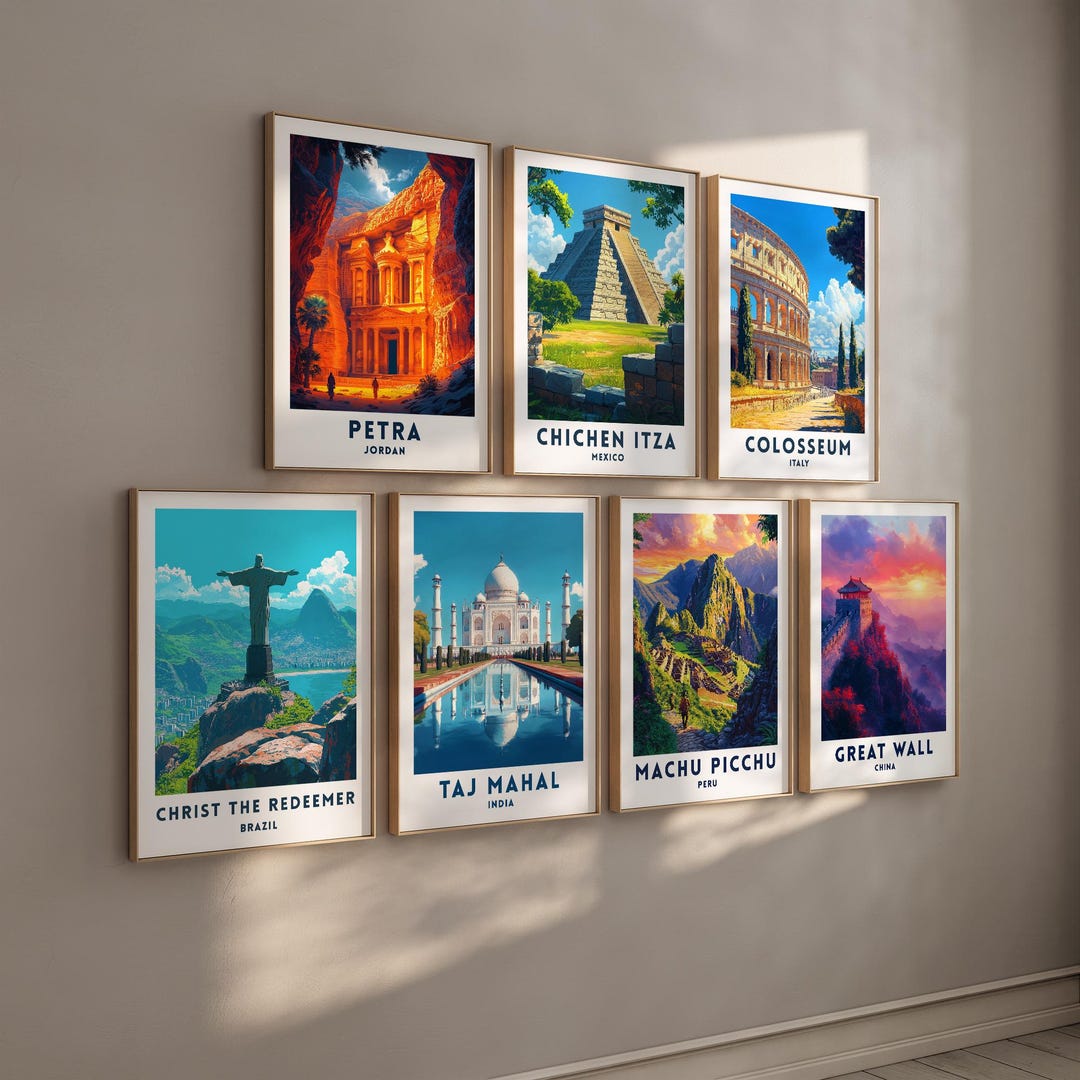 Set of 7 World Wonders Prints | Digital Download Wall Art | Illustrated ...