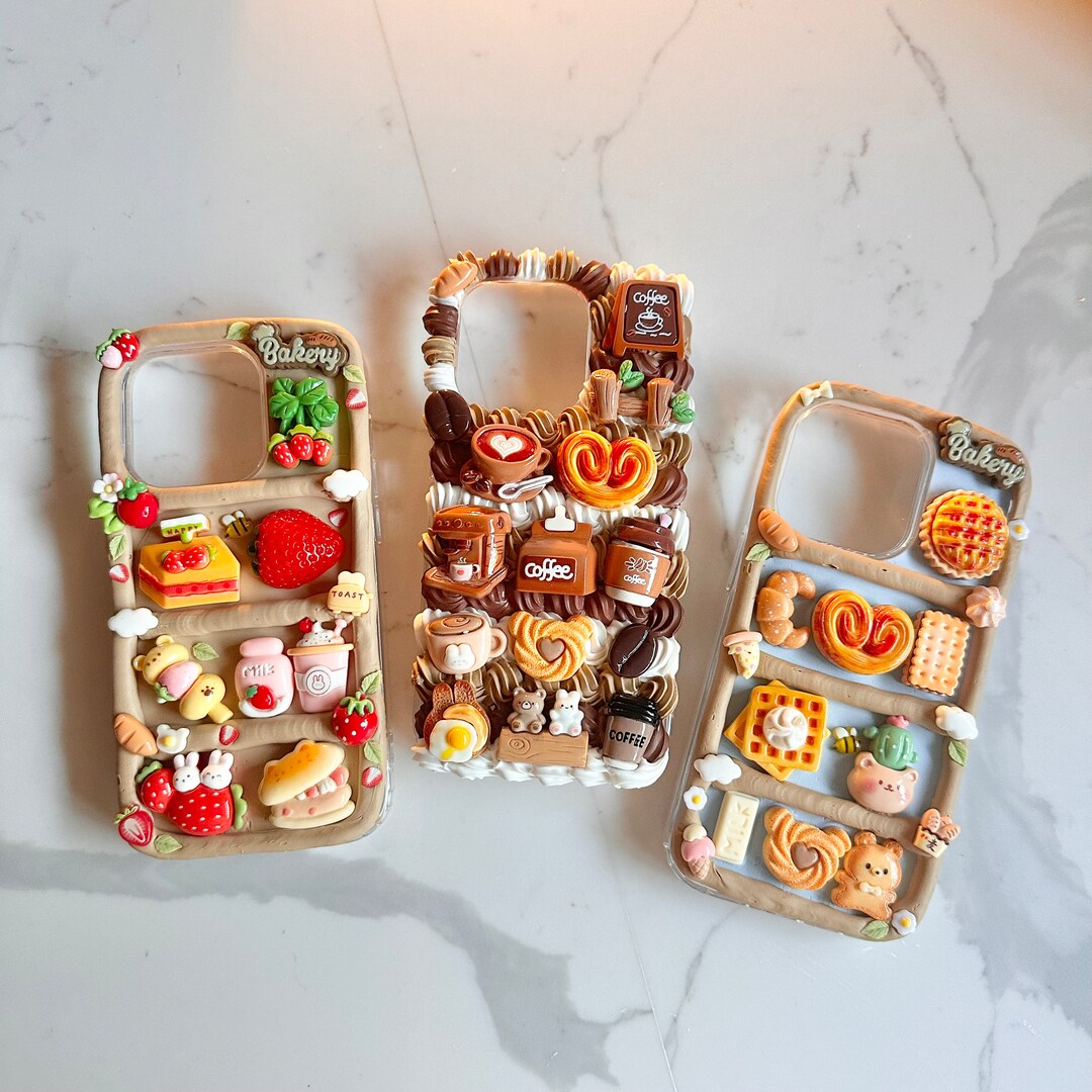 Cute Coffee Cafe Bakery Decoden Phone Case, Kawaii Bread Whipped Cream ...