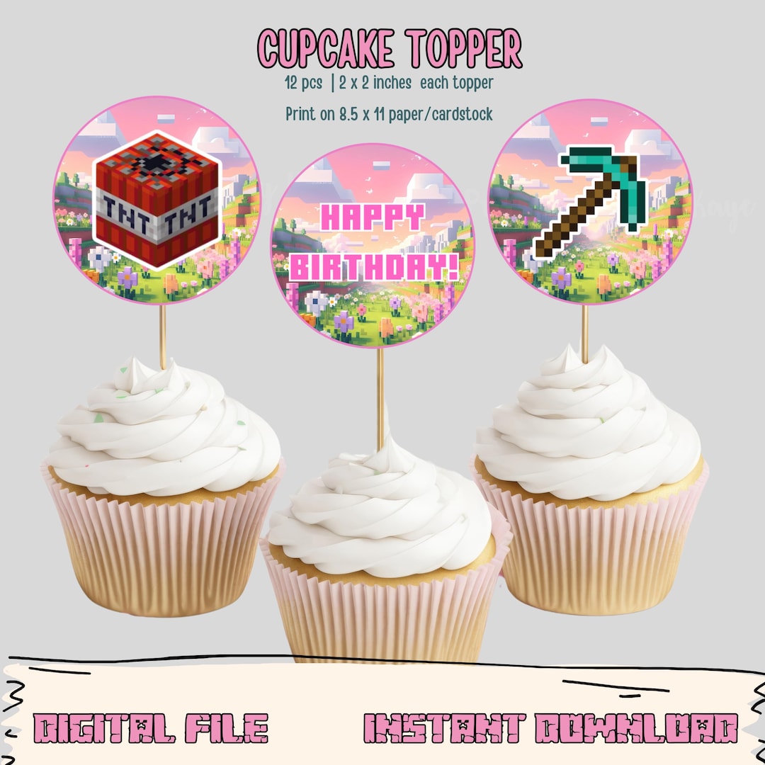 Pink Minecrafter Cupcake Topper, Gamer Toppers, Birthday Topper ...