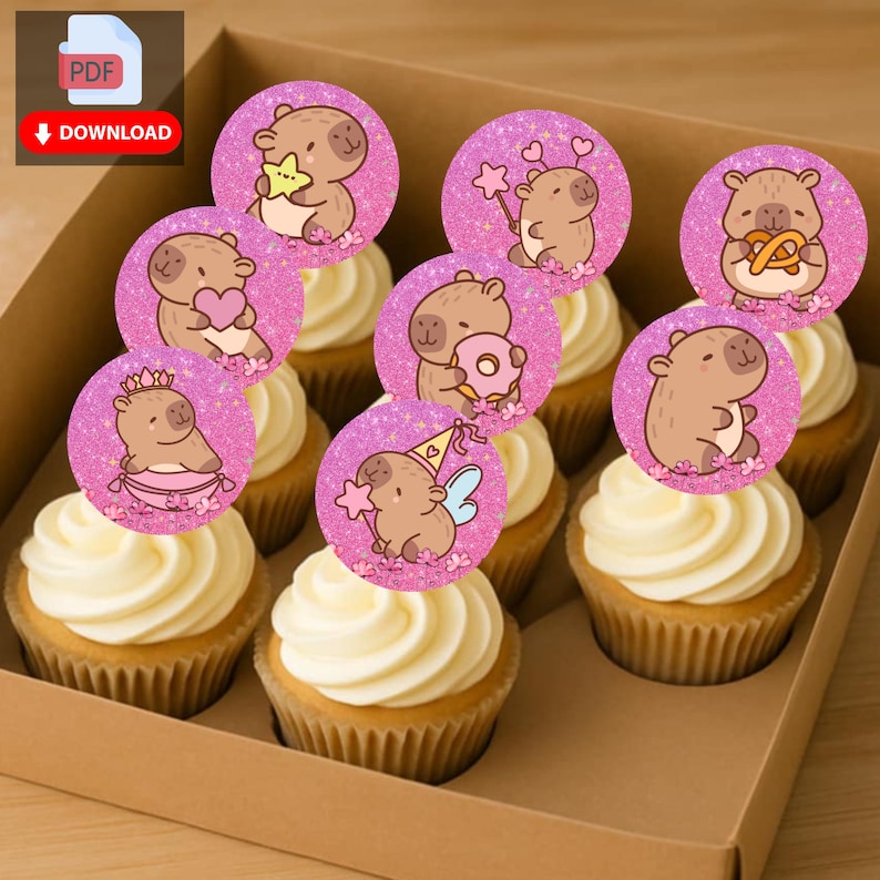 Preppy Pink Capybara Cupcake Toppers: Glitter Birthday Decor Digital ...