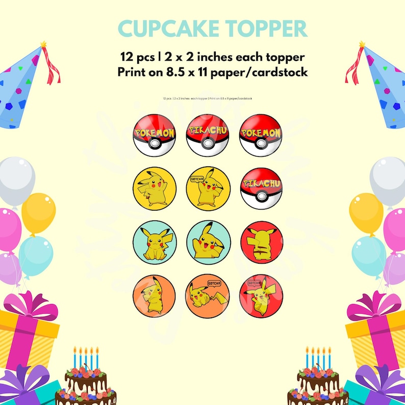 Pikachu Cupcake Topper, Pokemon Cupcake Topper, Instant Download ...