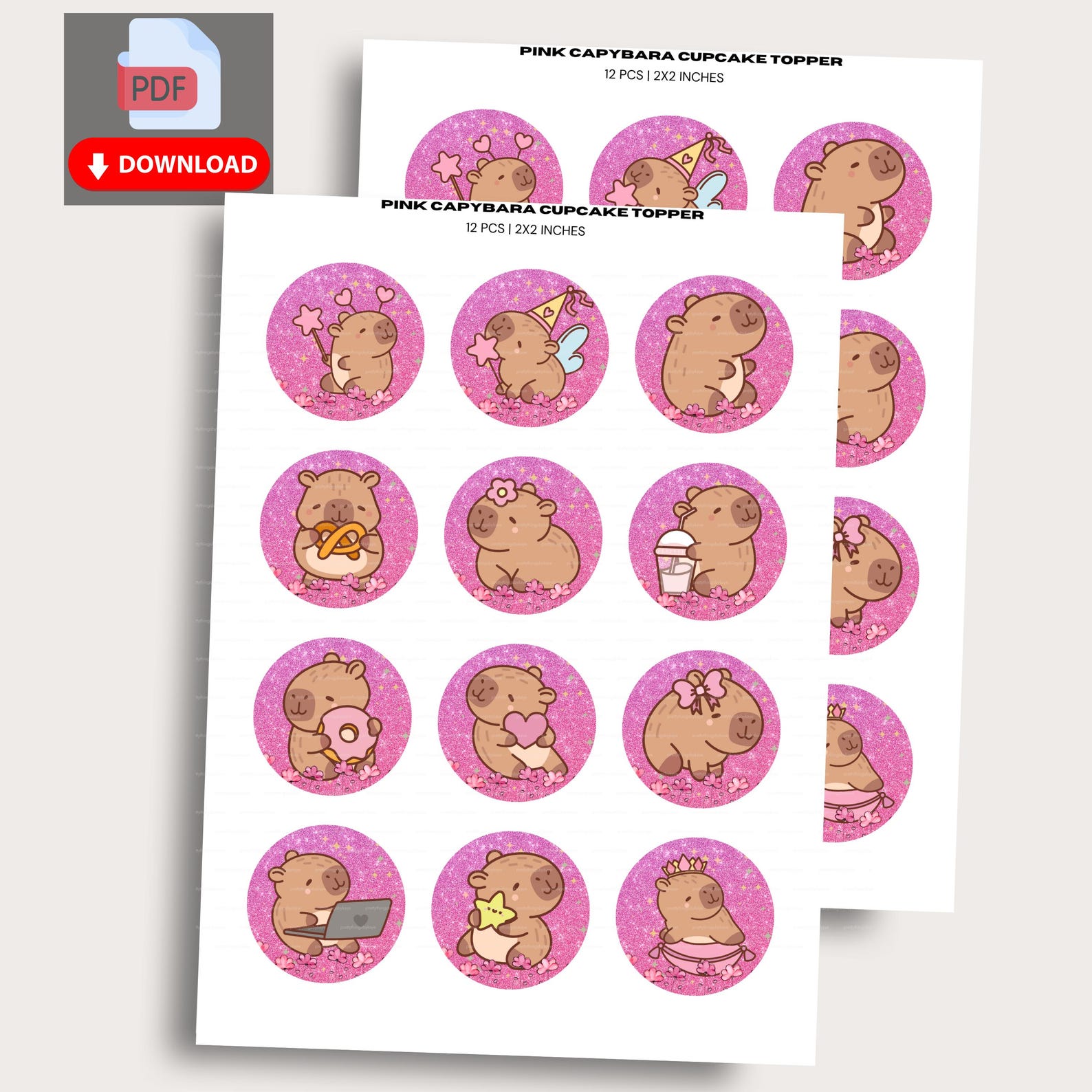 Preppy Pink Capybara Cupcake Toppers: Glitter Birthday Decor Digital ...