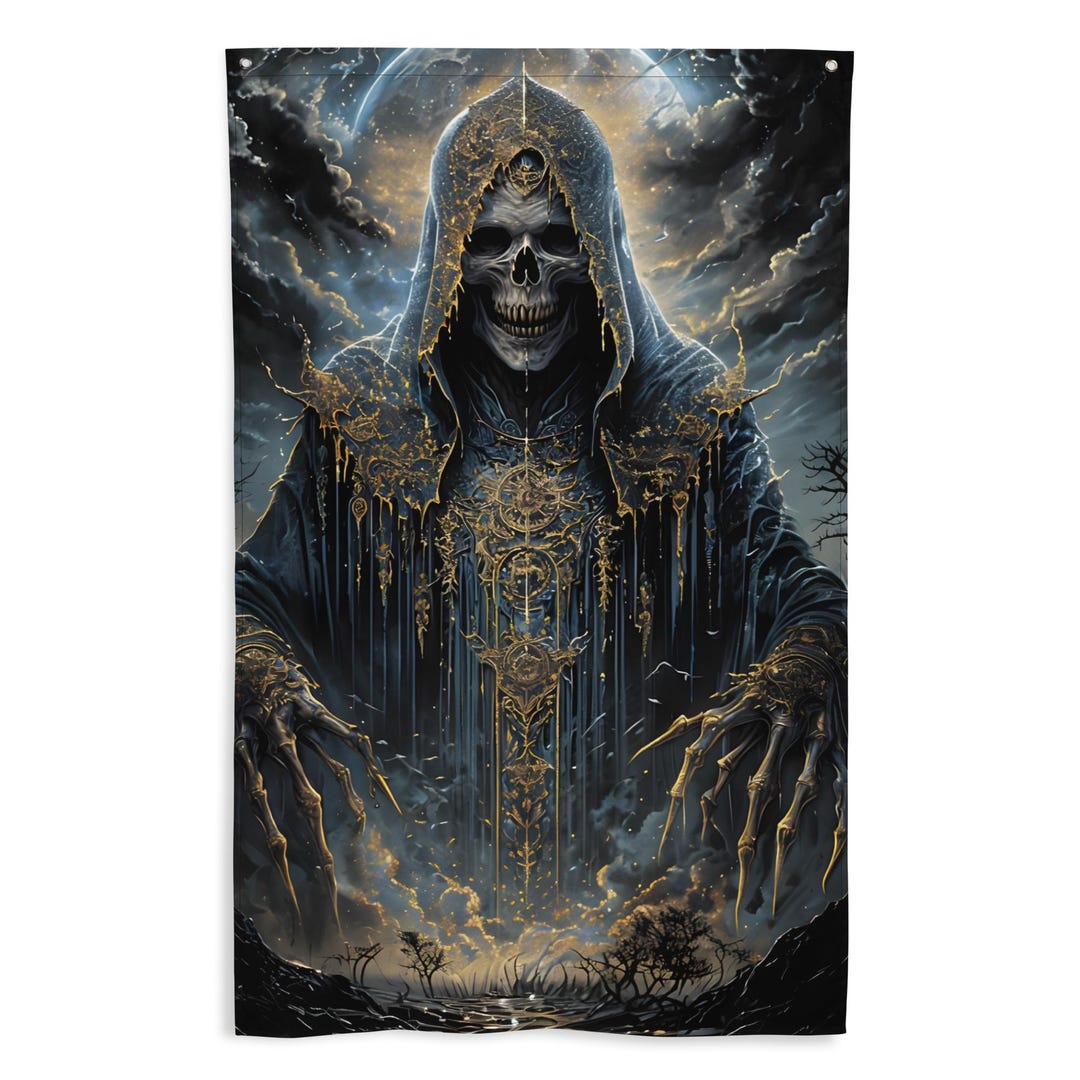 Dark Fantasy Tapestry / Flag Hooded Reaper With Gold Details, Gothic ...