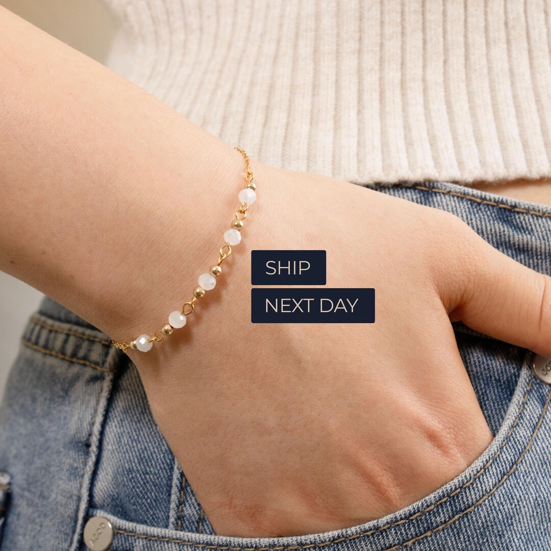 White Beaded Snowball Gold Chain Bracelet - Women Gift Under 20 Dollars ...