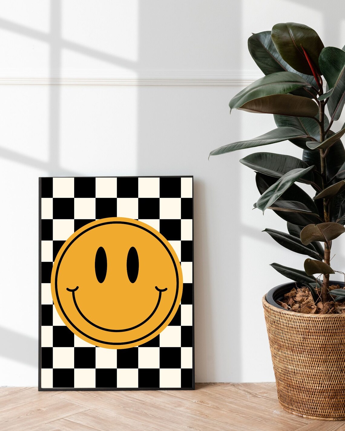 Checkered Smiley Face Digital Wall Art - Black and Yellow - Etsy