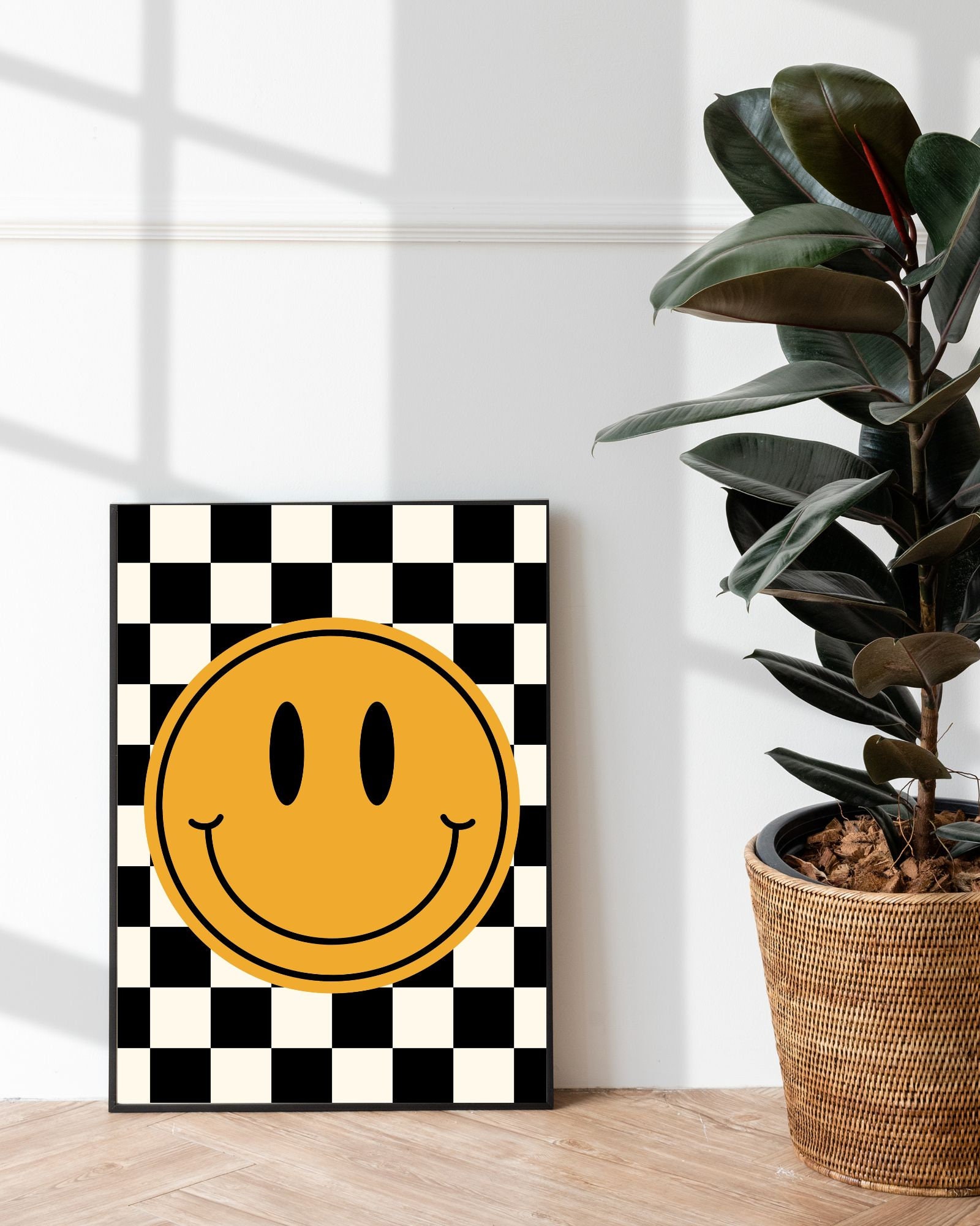 Checkered Smiley Face Digital Wall Art - Black and Yellow - Etsy