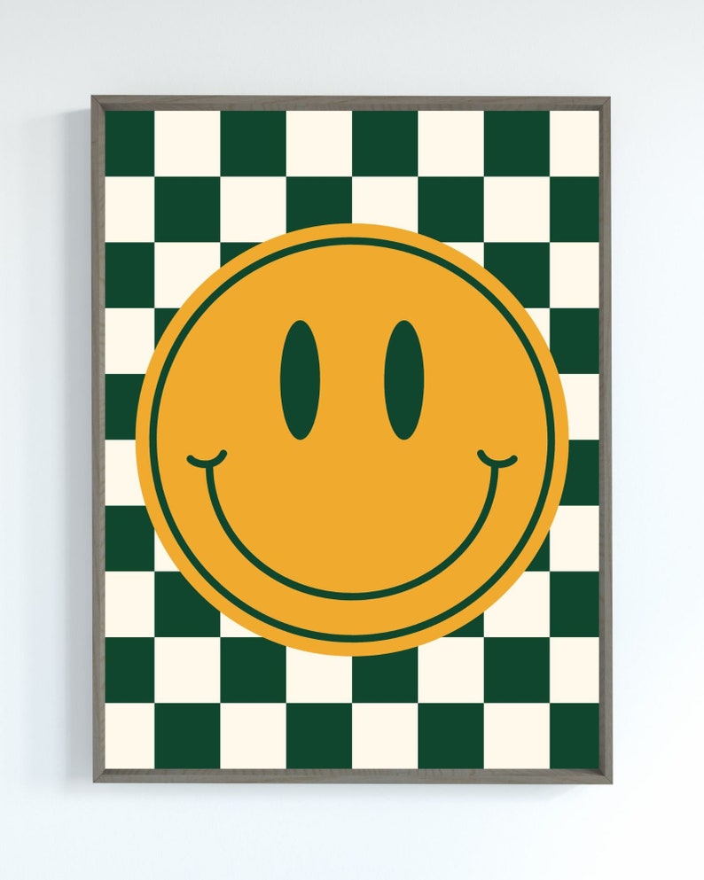 Checkered Smiley Face Digital Wall Art - Yellow and Green - Etsy