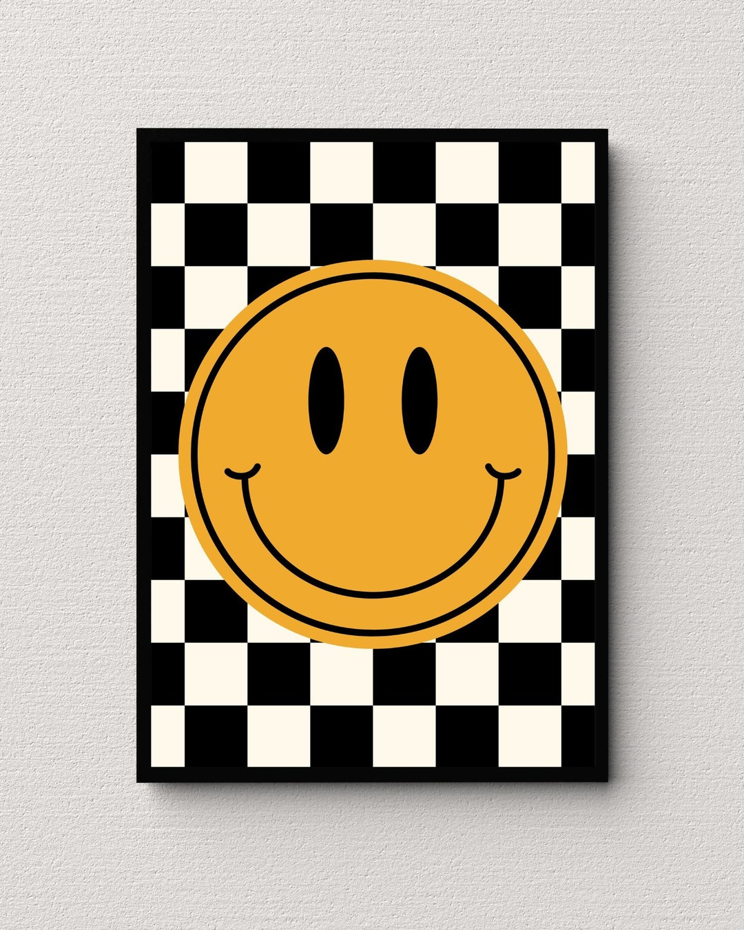 Checkered Smiley Face Digital Wall Art - Black and Yellow - Etsy