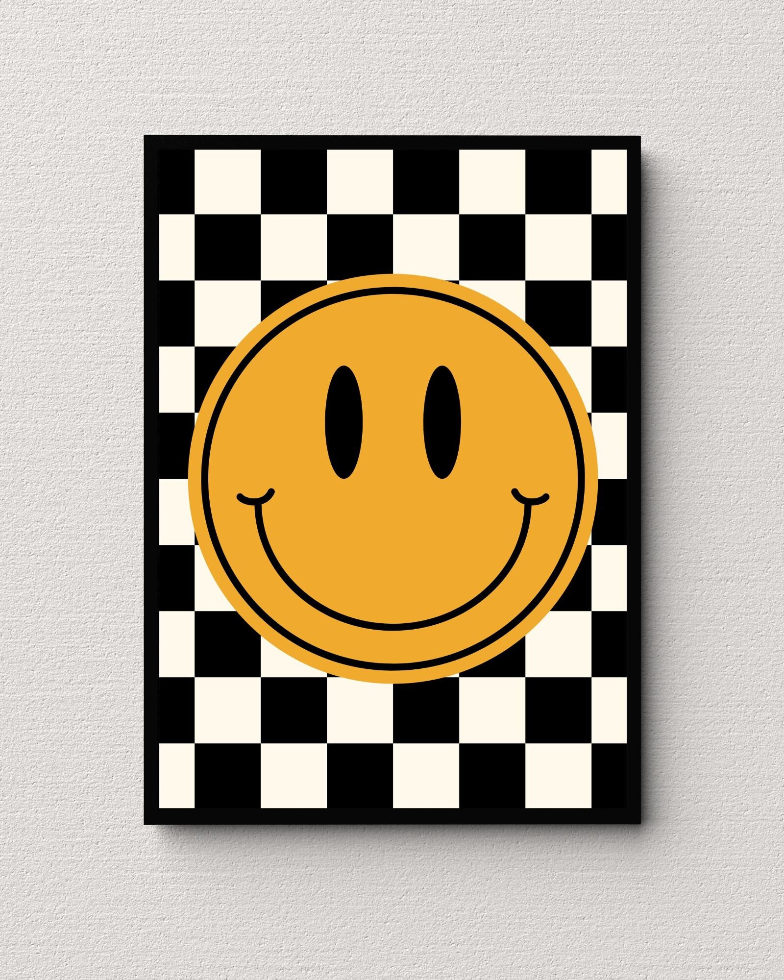Checkered Smiley Face Digital Wall Art - Black and Yellow - Etsy