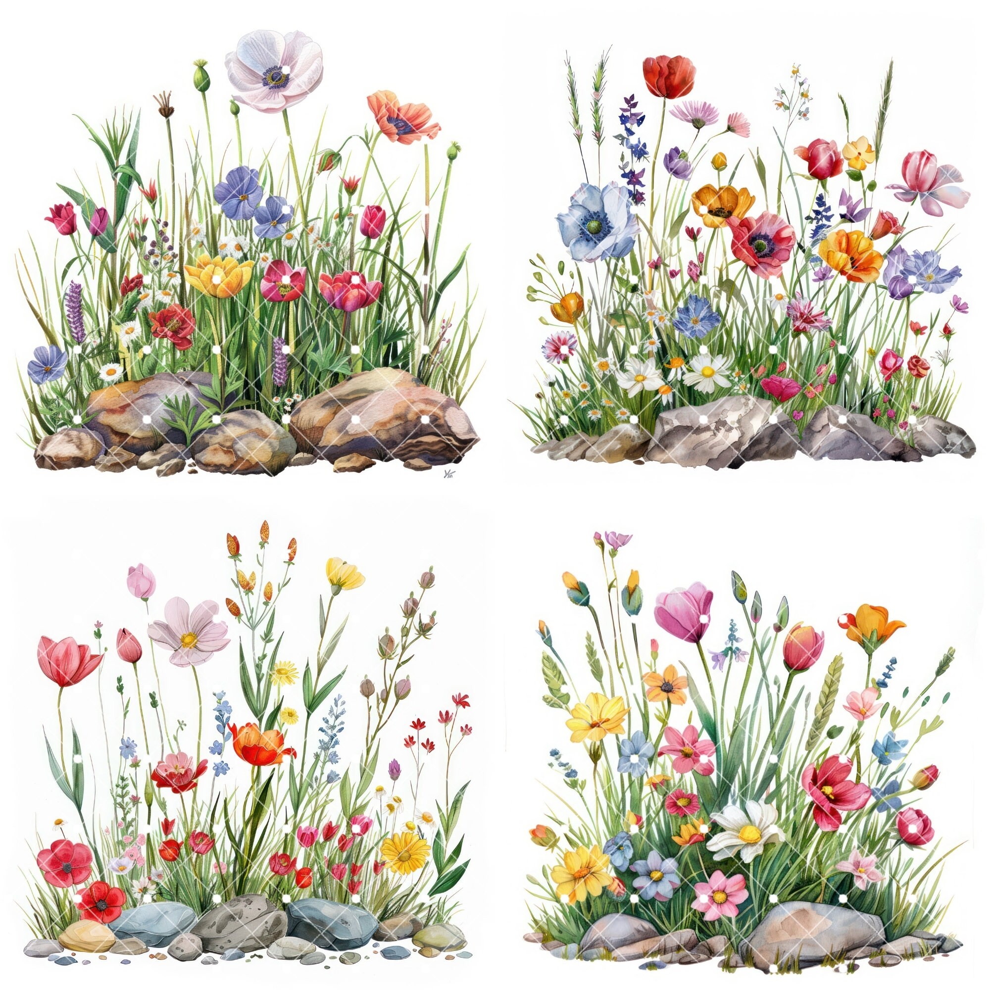 12 Wildflower Digital Art Bundle, Printable Watercolor Meadow Florals ...