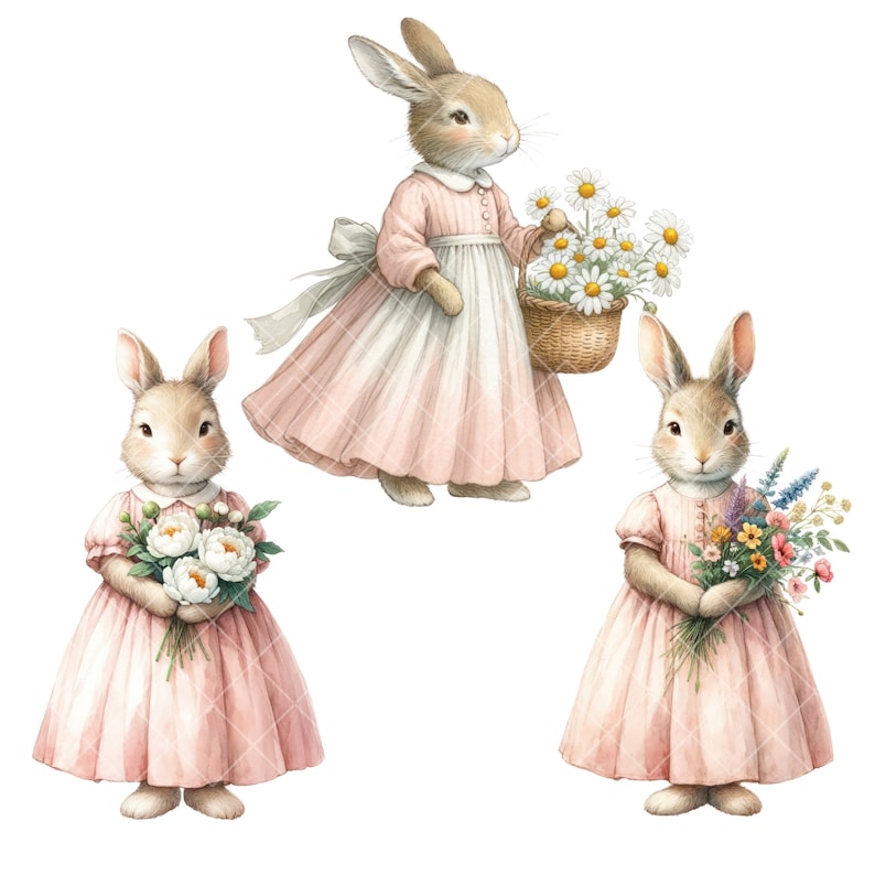 Bunnies Clipart, Charming Watercolor Bunny Clipart Collection, Floral ...