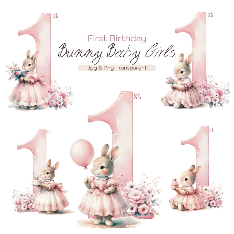 Adorable Pink Bunny First Birthday Digital Art, Girl's Party ...
