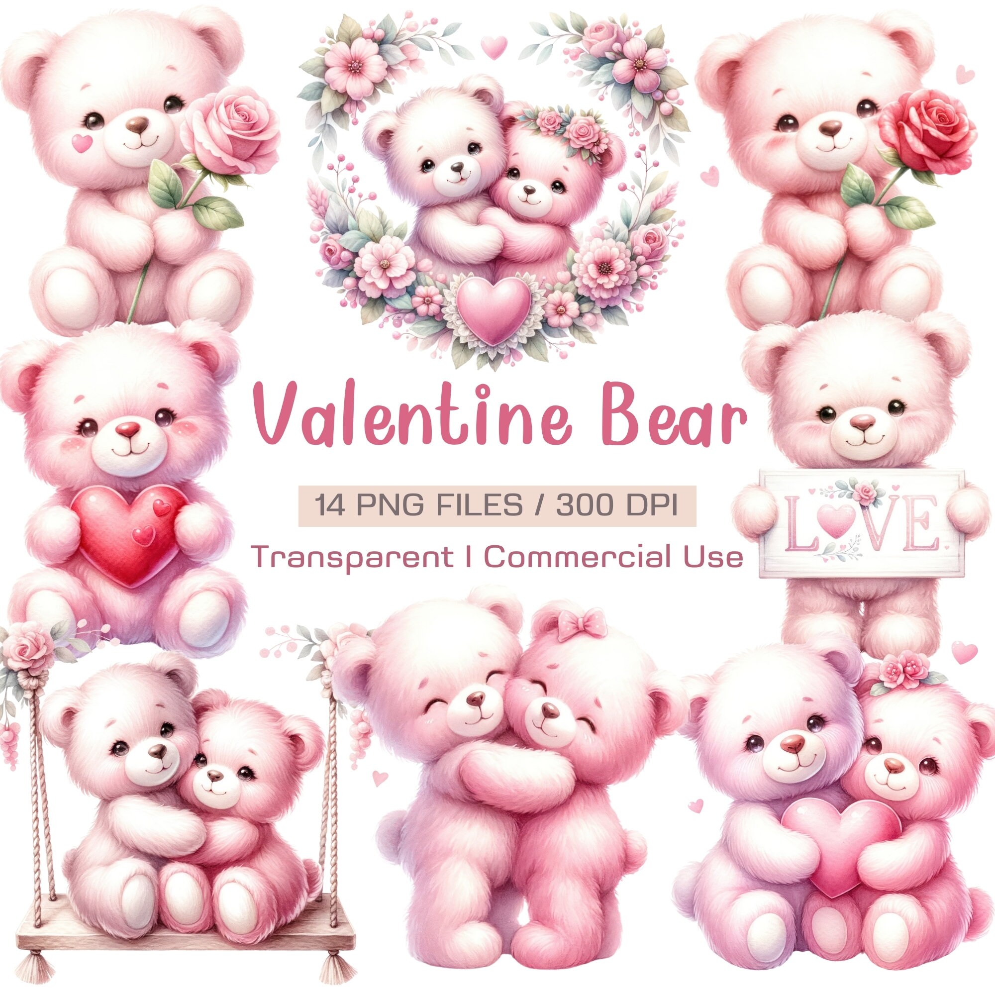 Watercolor Valentine Pink Teddy Bear Clipart, 14 PNG Cute Bears Clipart ...