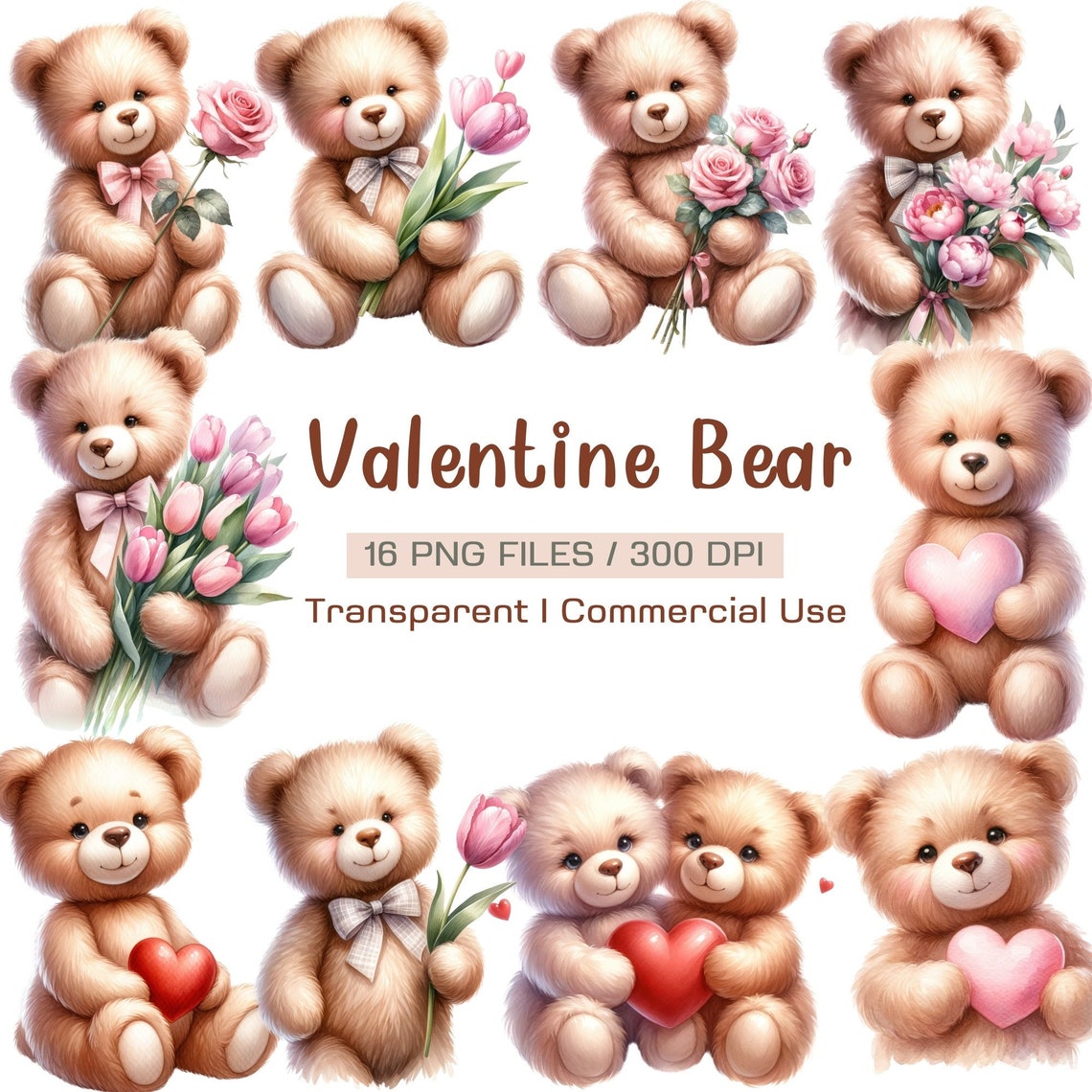 Watercolor Valentines Teddy Bear Clipart, 16 PNG Cute Bears Clipart ...