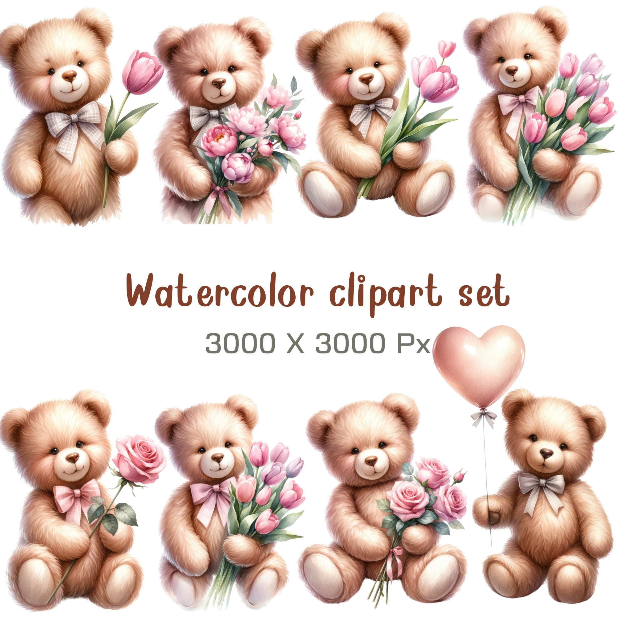 Watercolor Valentines Teddy Bear Clipart, 16 PNG Cute Bears Clipart ...