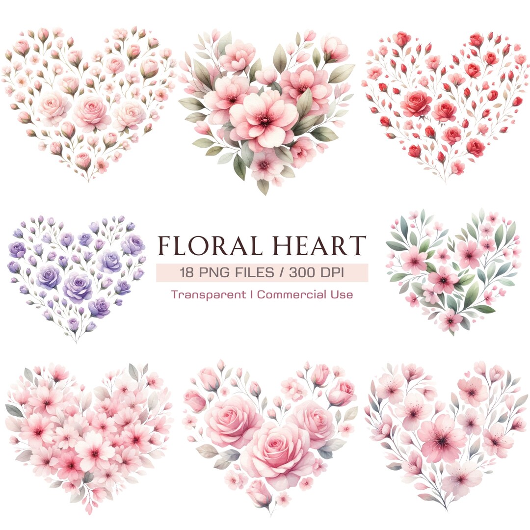 Watercolor Heart Flower Clipart, Floral Heart PNG, Flower Heart Clipart ...
