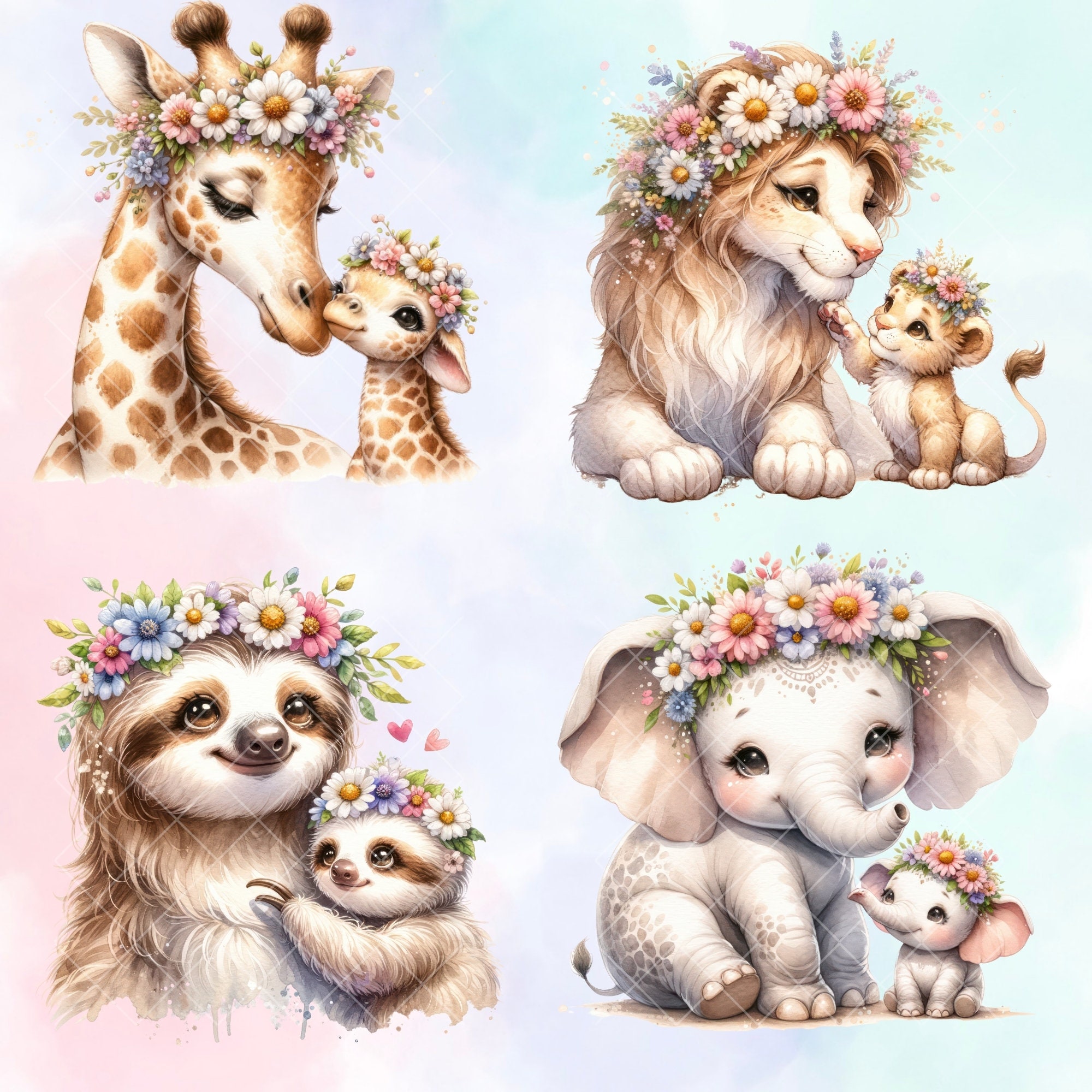 18 Charming Watercolor Mama and Baby Animals Clipart, Mothers Day ...