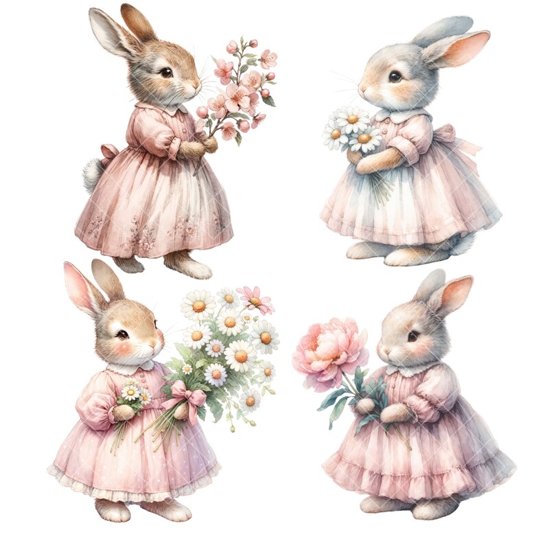 Bunnies Clipart, Charming Watercolor Bunny Clipart Collection, Floral ...