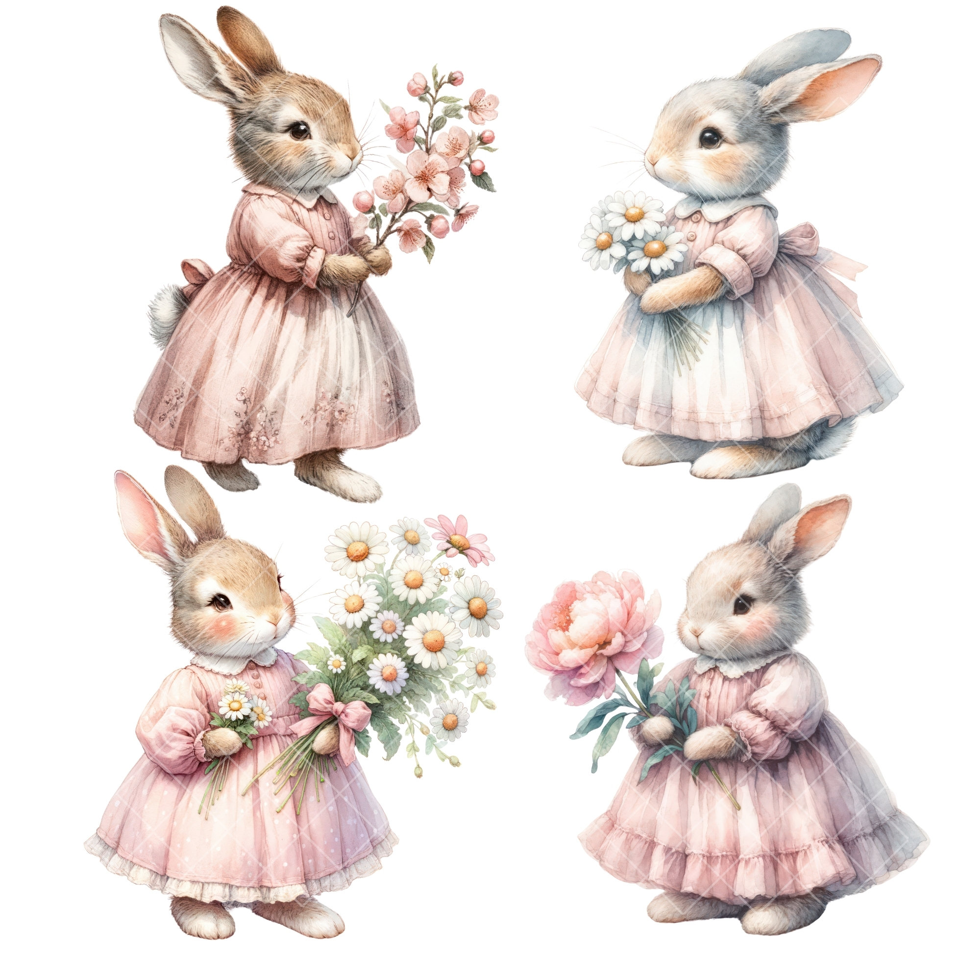 Bunnies Clipart, Charming Watercolor Bunny Clipart Collection, Floral ...