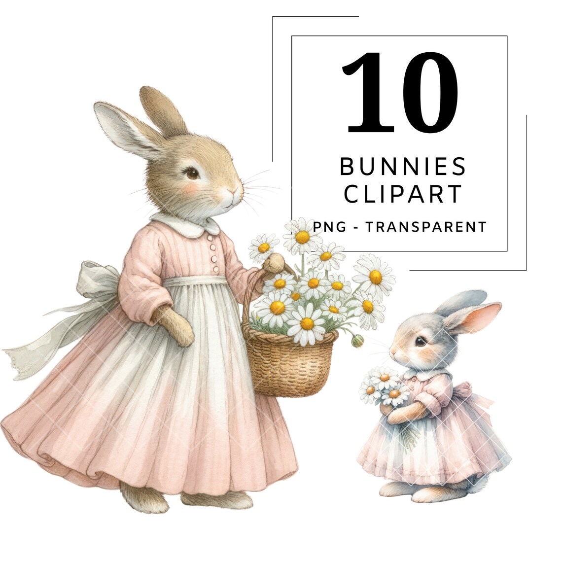 Bunnies Clipart, Charming Watercolor Bunny Clipart Collection, Floral ...
