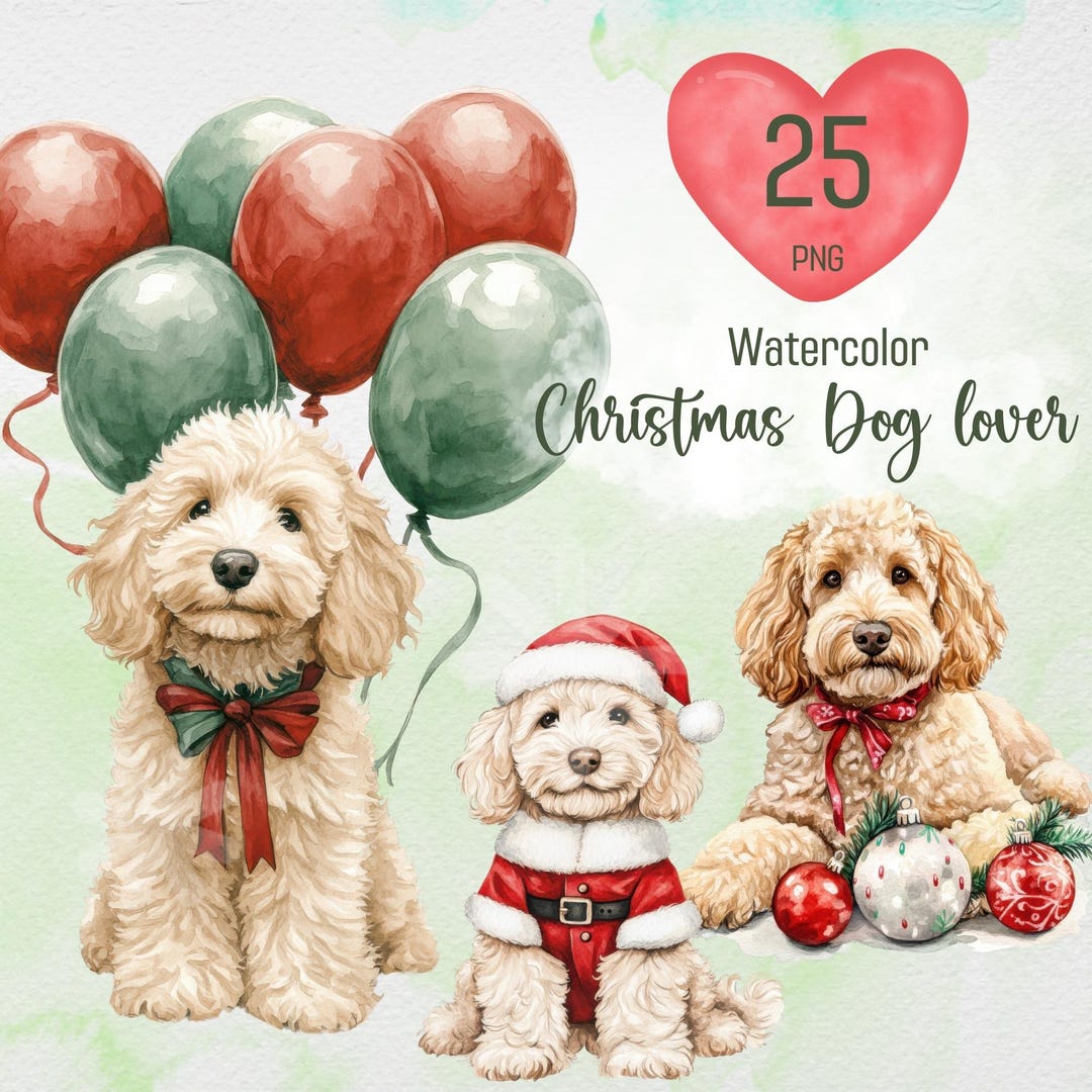 Watercolor Christmas Dogs Clipart Bundle 25 PNG L Festive Golden Doodle ...
