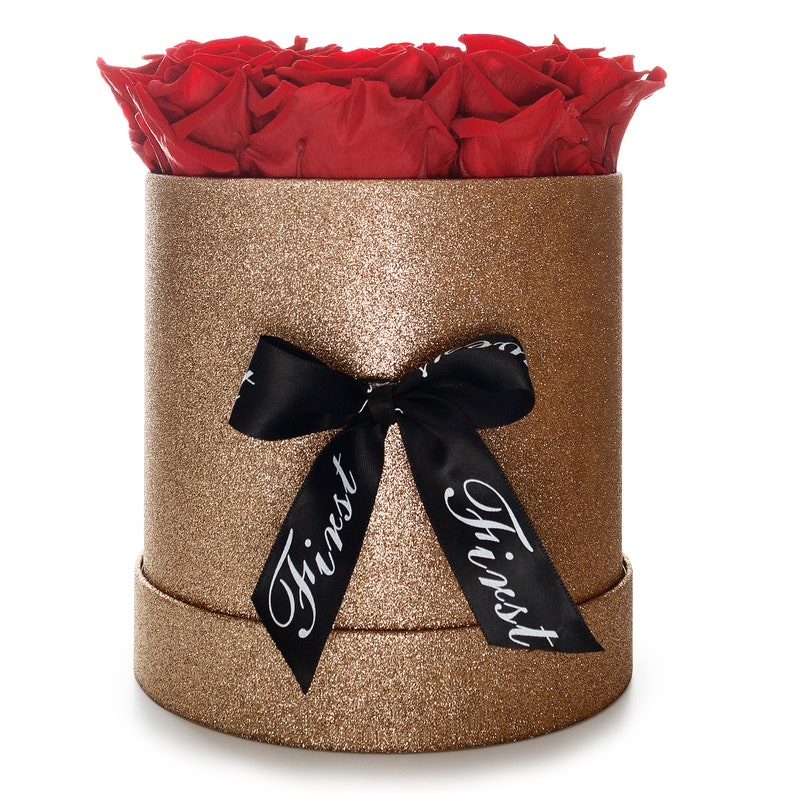 Forever Roses & M Round Gold Hat Box Preserved Natural Roses Flower Box ...