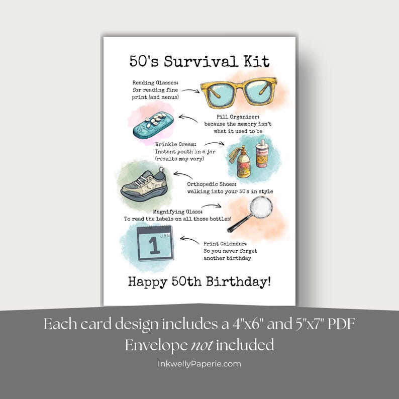 50th Birthday Card | 50's Survival Kit Funny Card | Printable Birthday ...