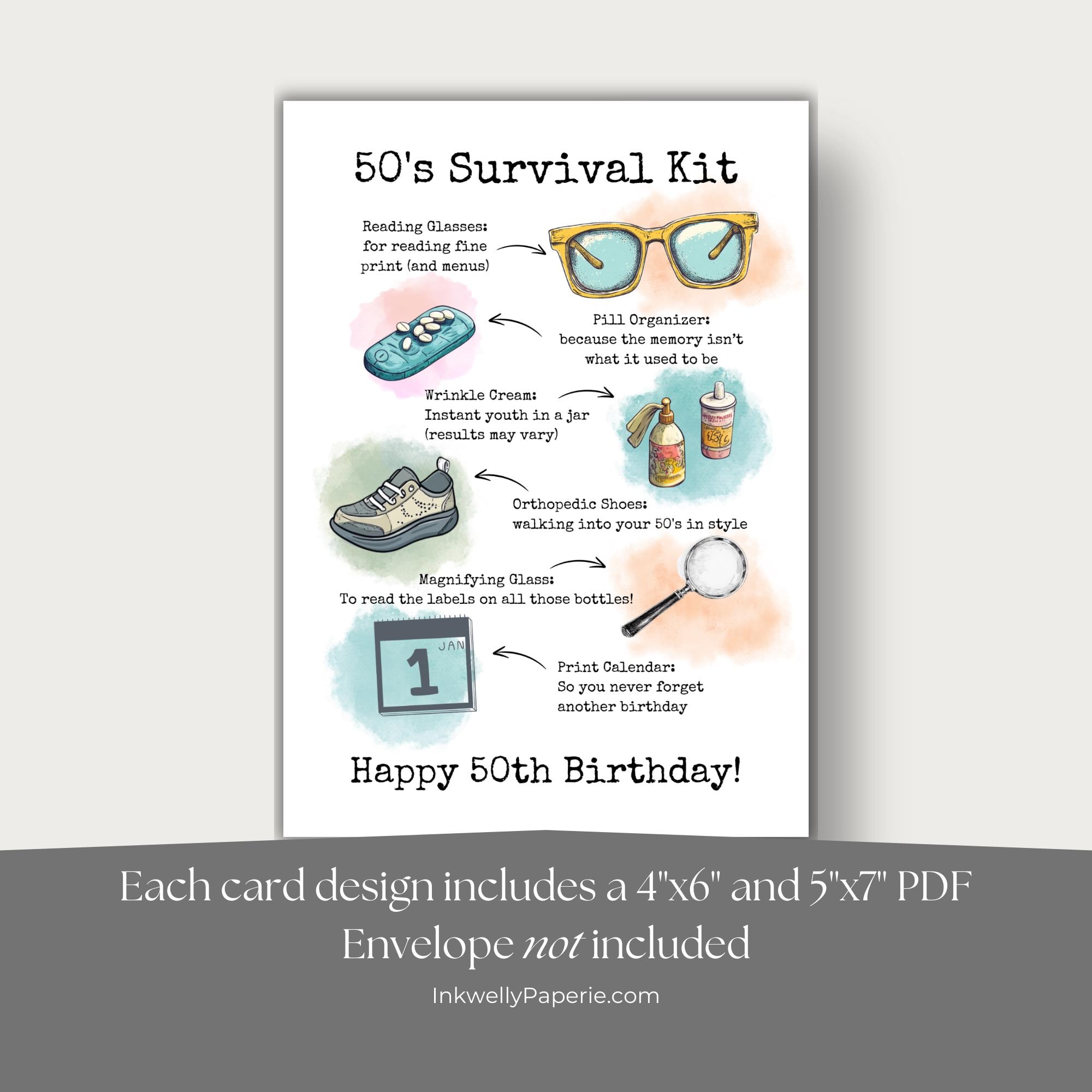 50th Birthday Card | 50's Survival Kit Funny Card | Printable Birthday ...