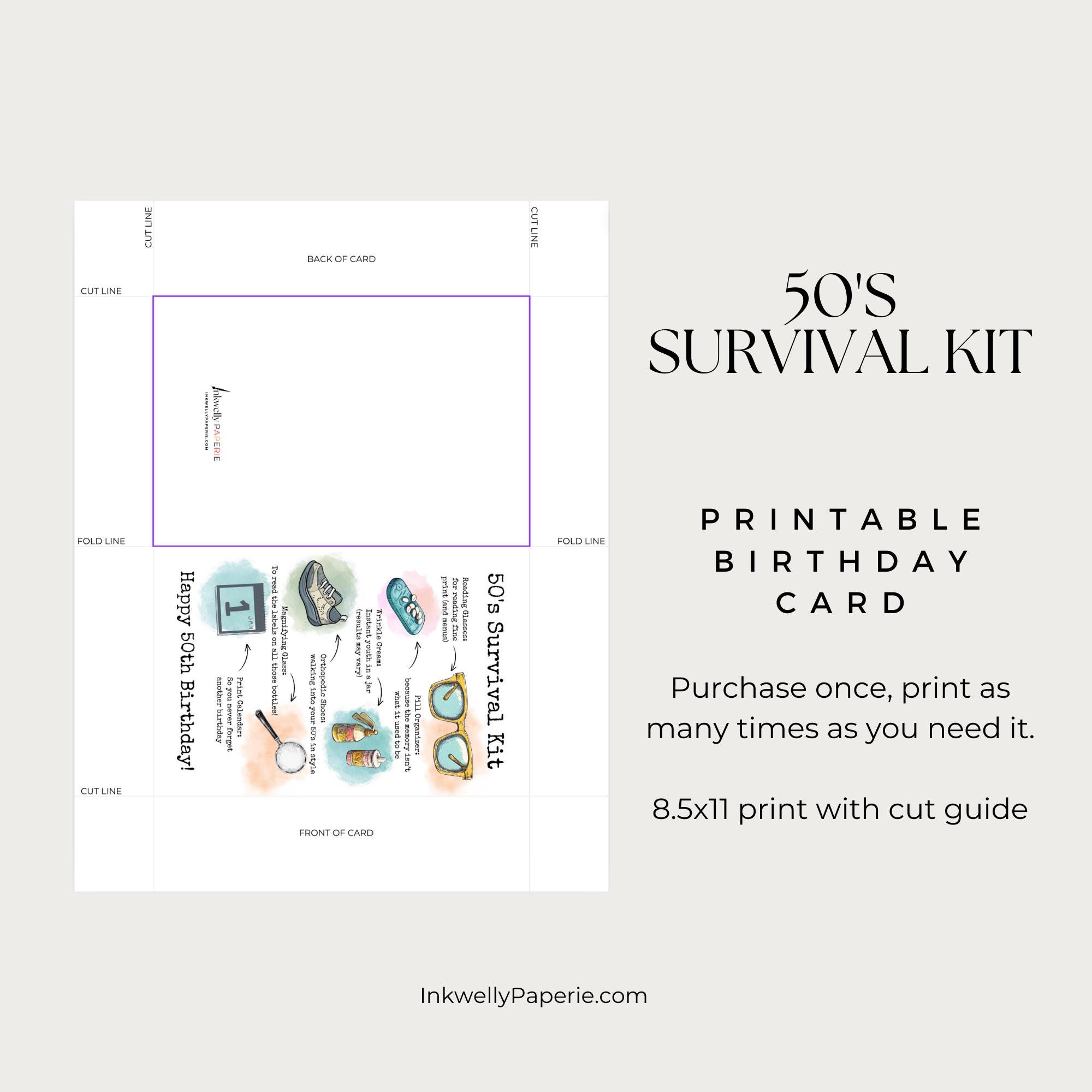 50th Birthday Card | 50's Survival Kit Funny Card | Printable Birthday ...