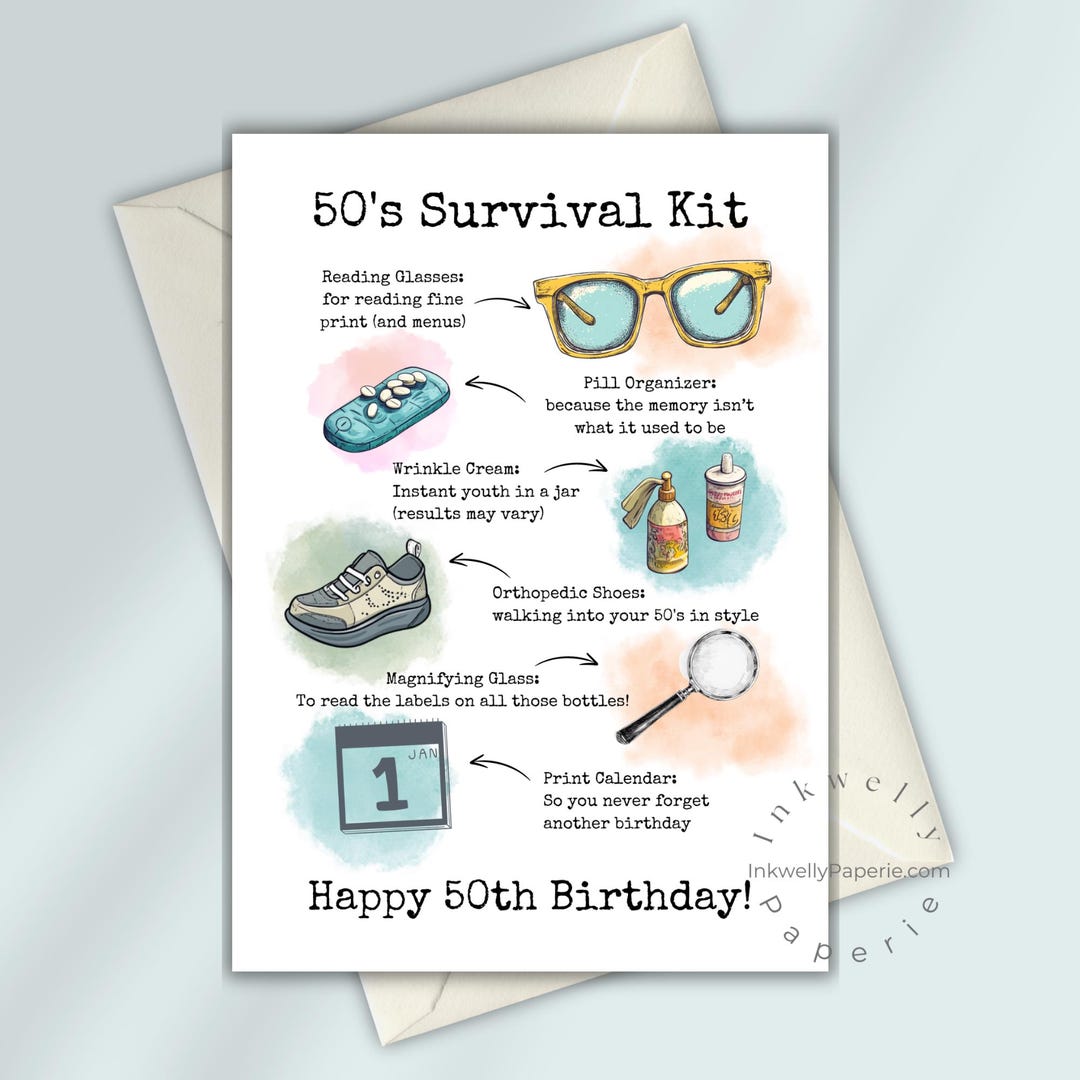 50th Birthday Card | 50's Survival Kit Funny Card | Printable Birthday ...