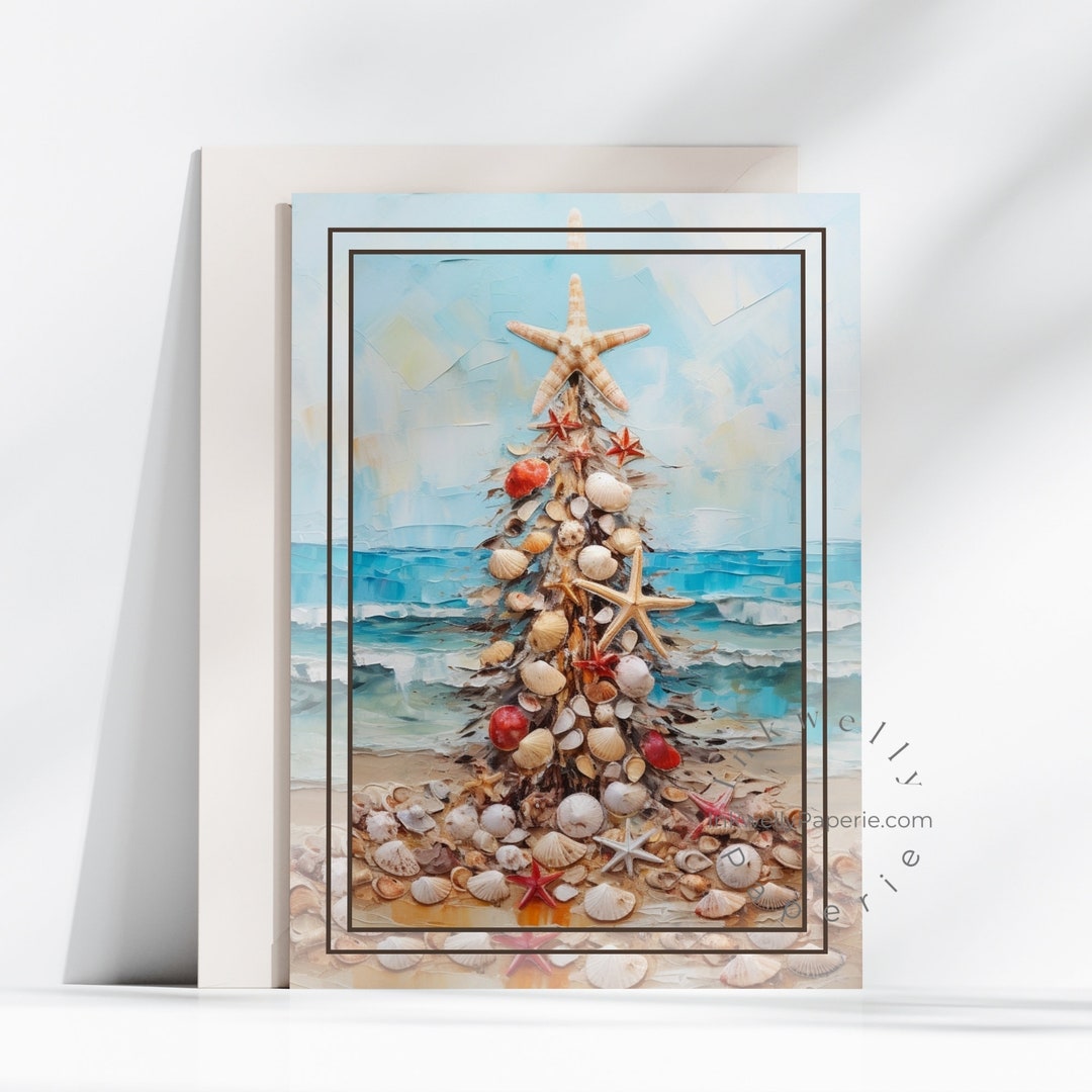 Coastal Shells Christmas Tree Greeting Card | Nautical Beach Christmas ...