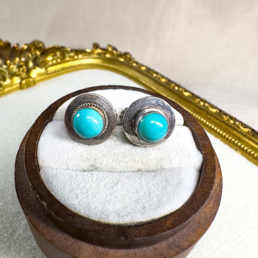 Vintage 1970s 9ct White Gold Turquoise Earrings • 6mm Stones • 12mm ...