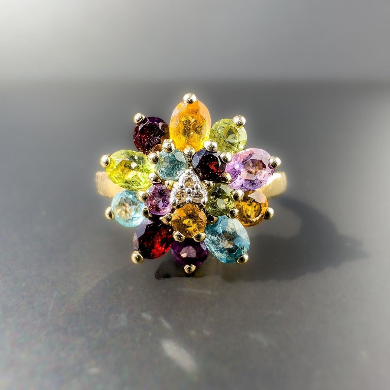 9ct Gold Vintage Rainbow Gemstone Flower Ring Cluster Ring Multistone ...