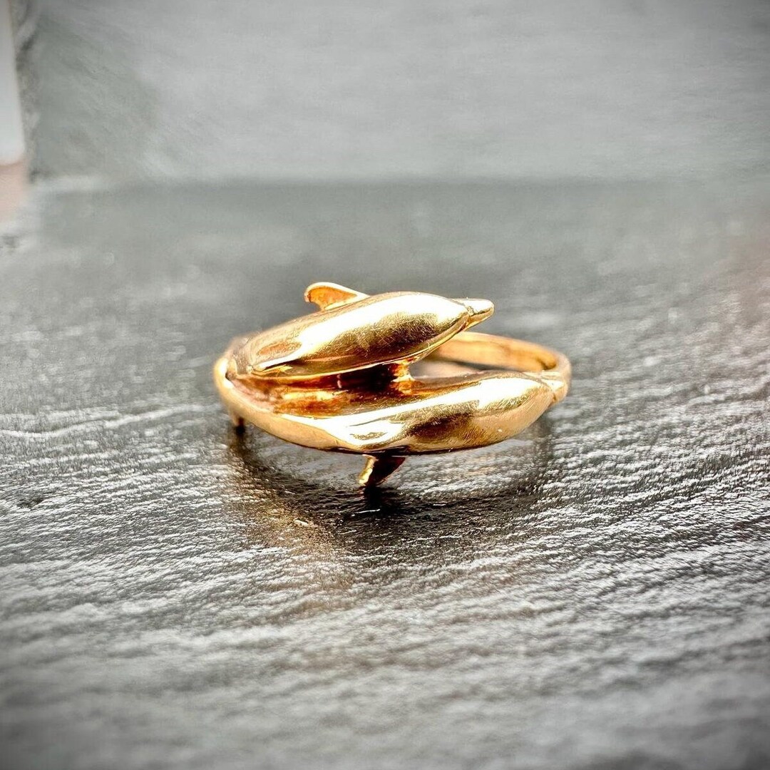 9ct Gold, Vintage, Solid Gold Twin Dolphin Crossover Ring, Stacking Ring, Statement Ring, Ocean ...