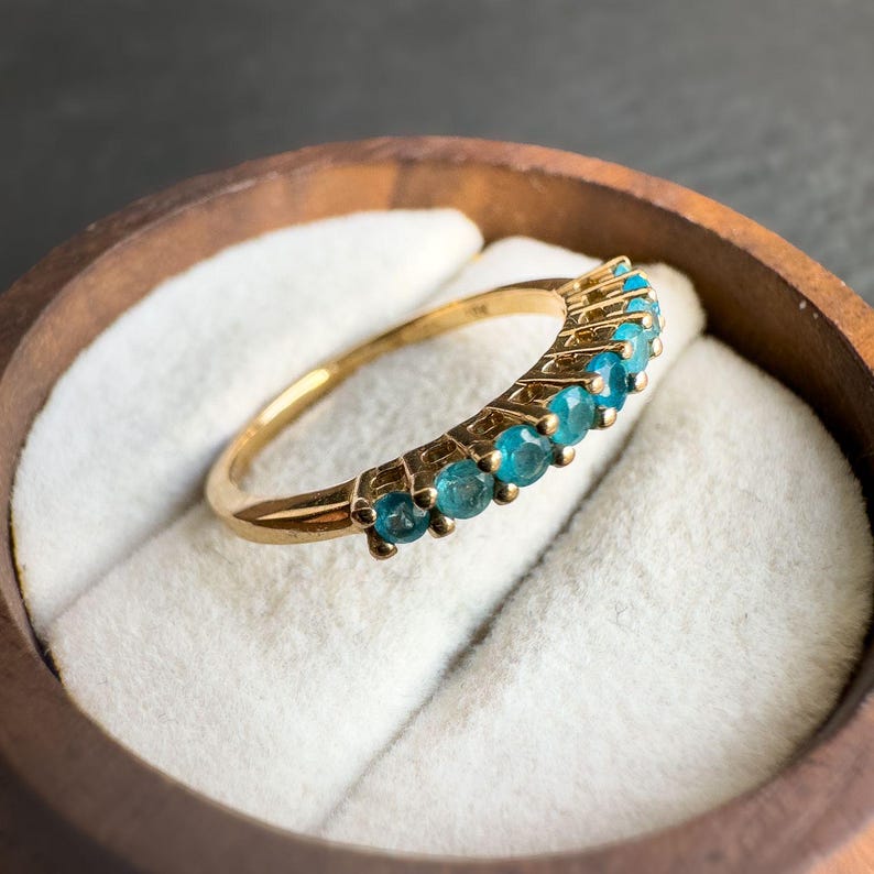 9ct Gold Apatite Half Eternity Ring: Vintage Teal Gemstone Stacking ...