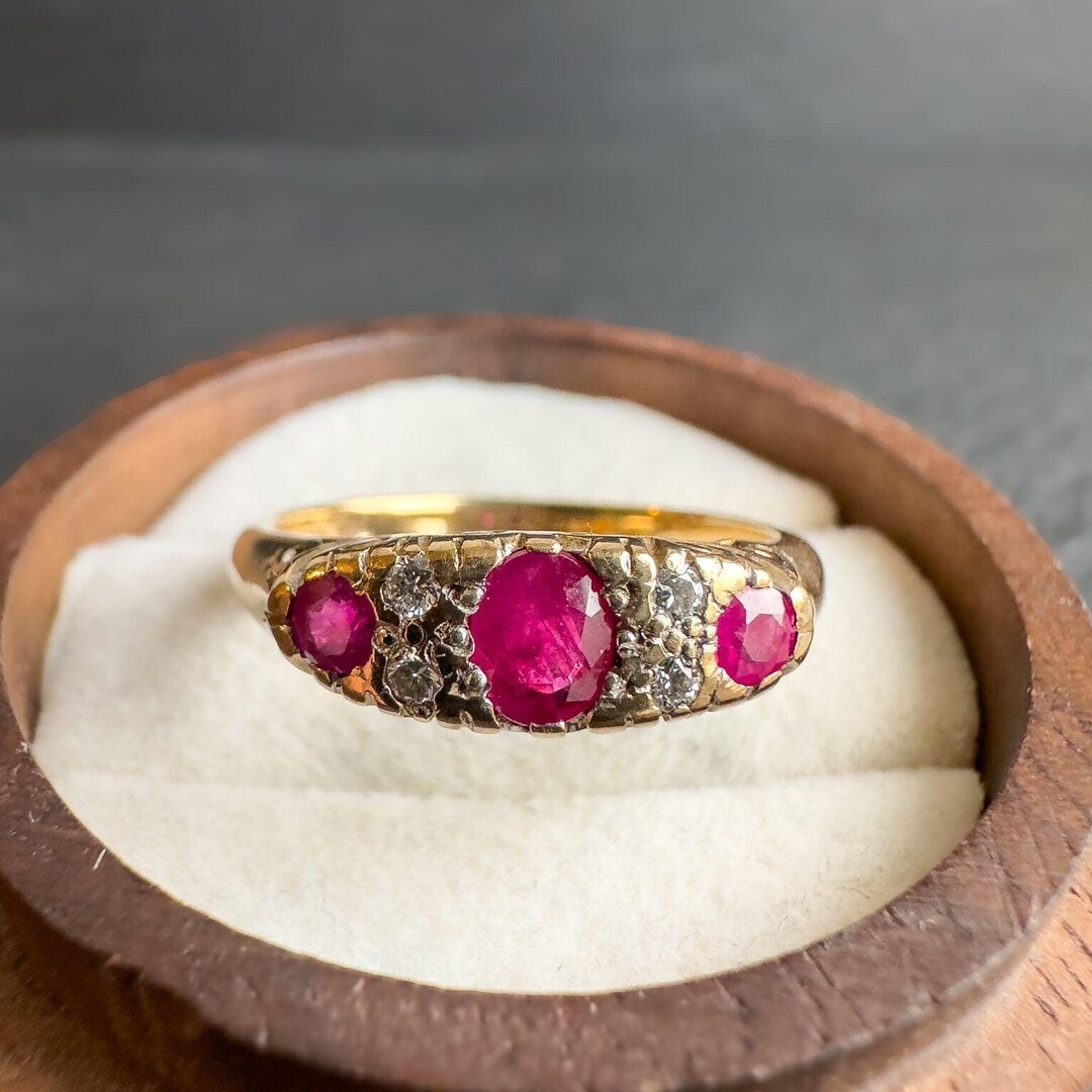 Vintage 9ct Solid Gold Ruby & Diamond Ring | English Hallmarked | UK Q 1/2 US 8.5 | July ...