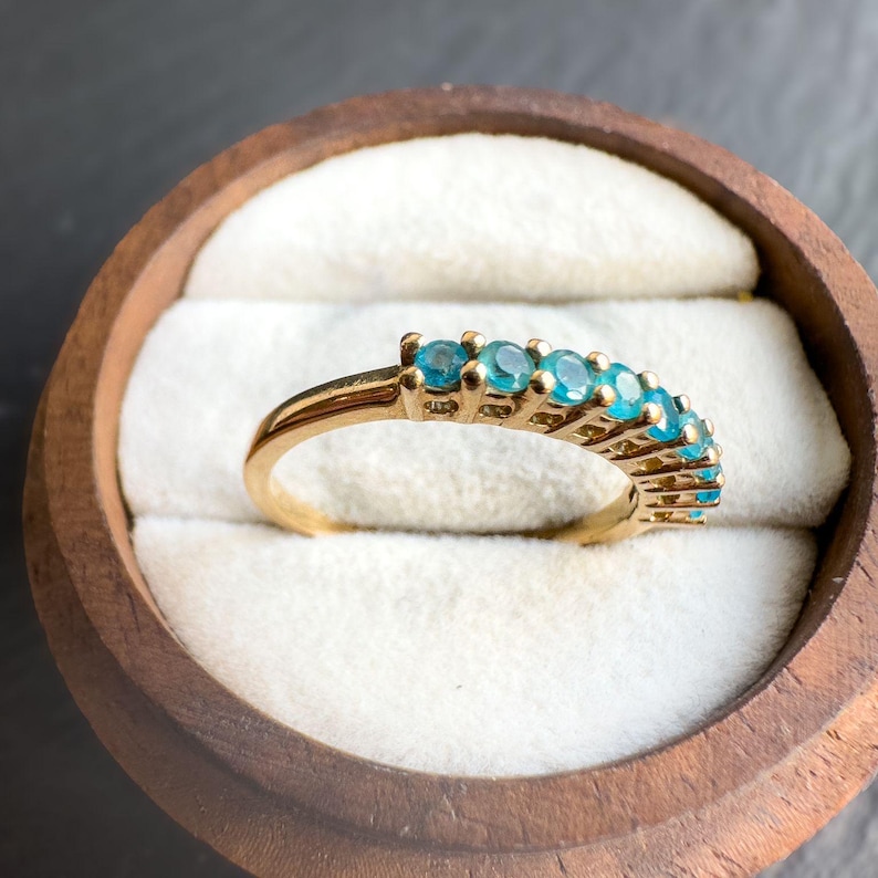 9ct Gold Apatite Half Eternity Ring: Vintage Teal Gemstone Stacking ...