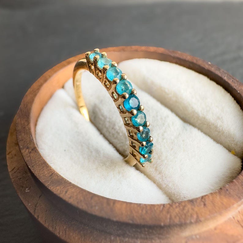 9ct Gold Apatite Half Eternity Ring: Vintage Teal Gemstone Stacking ...