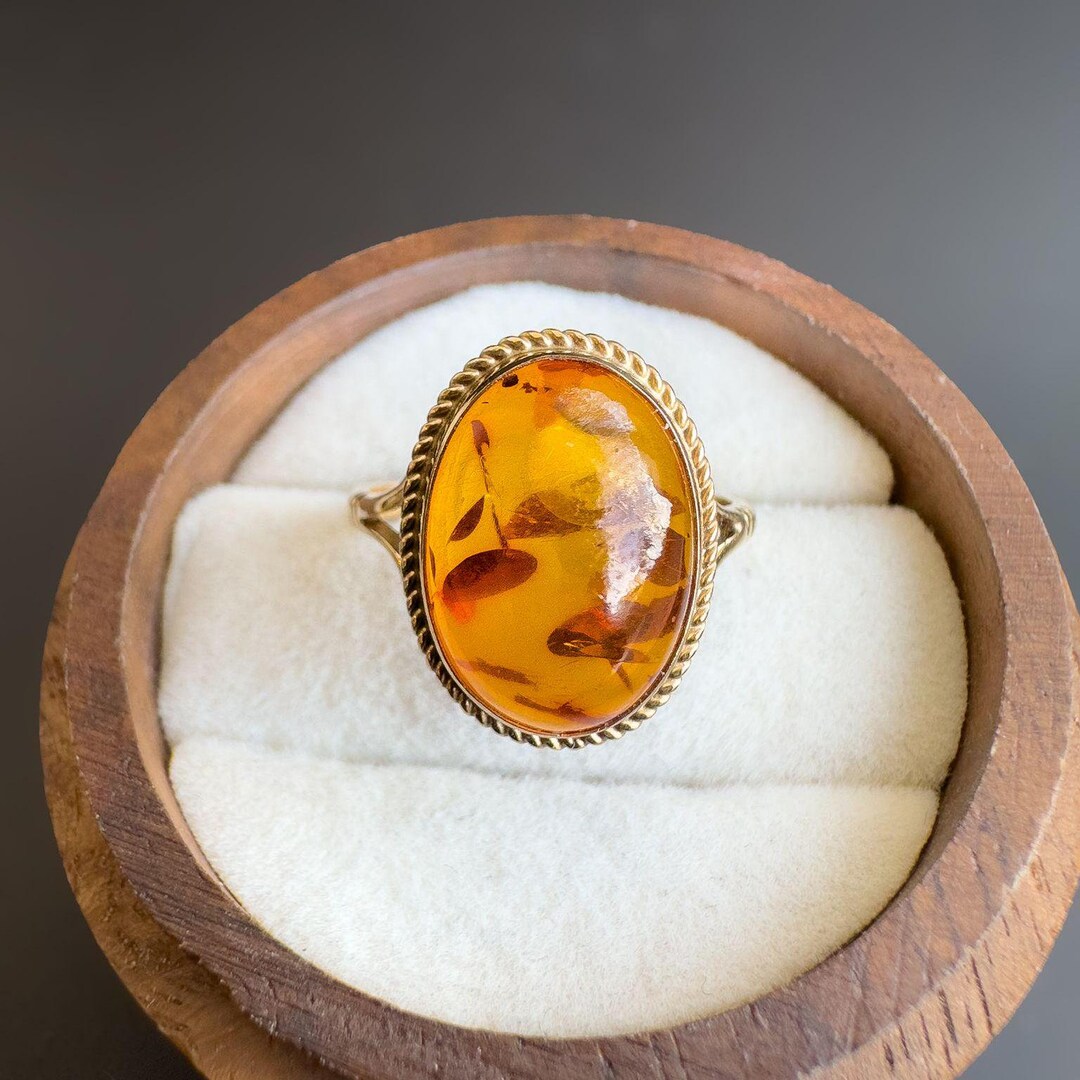 Vintage | 1970s | 9ct Gold Amber Ring | Cognac Amber Statement Ring ...