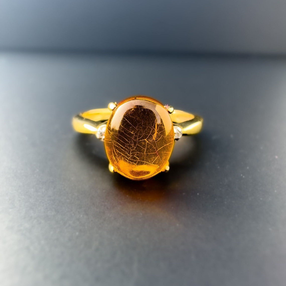 9ct Gold, Vintage, Amber & Diamond Ring, Statement Ring, Cocktail Ring ...