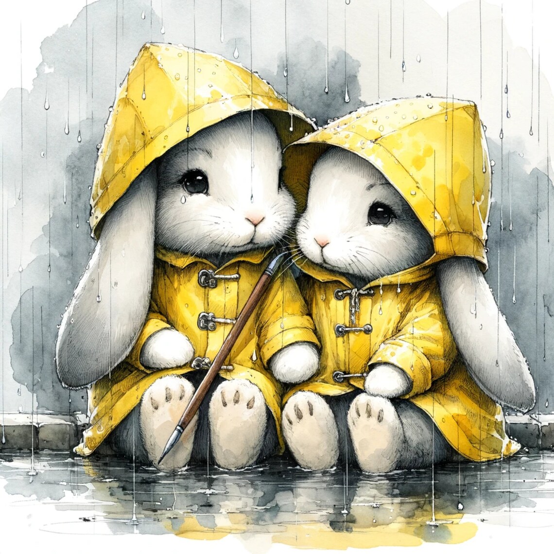 Rabbits in the Rain PNG Clipart Image, Cute Rabbit Clipart, Sweet ...