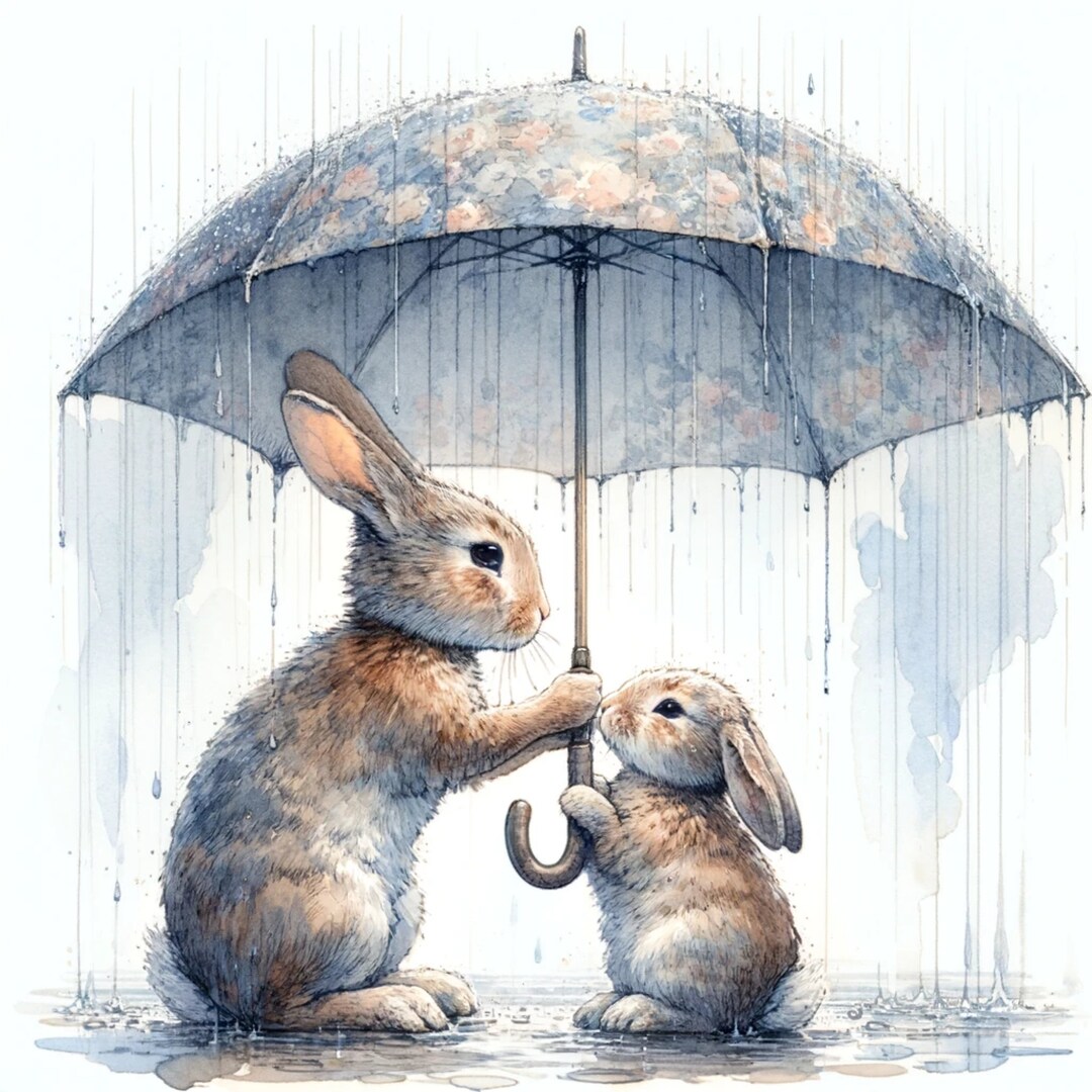 Rabbits in the Rain PNG Clipart Image, Cute Rabbit Clipart, Sweet ...