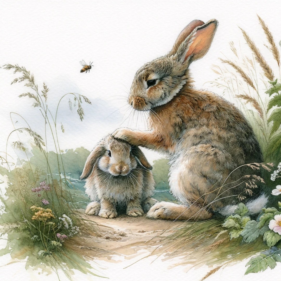 Rabbits in a Meadow PNG Clipart Image, Cute Rabbit Clipart, Sweet ...