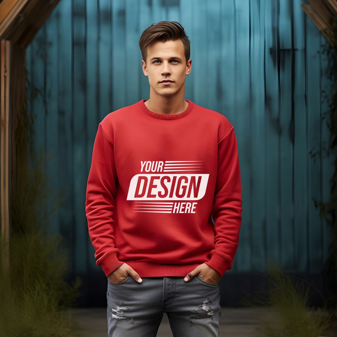 Red Sweatshirt Mockup, Male Model Mockup, Man T-shirt Mockup, Lifestyle ...