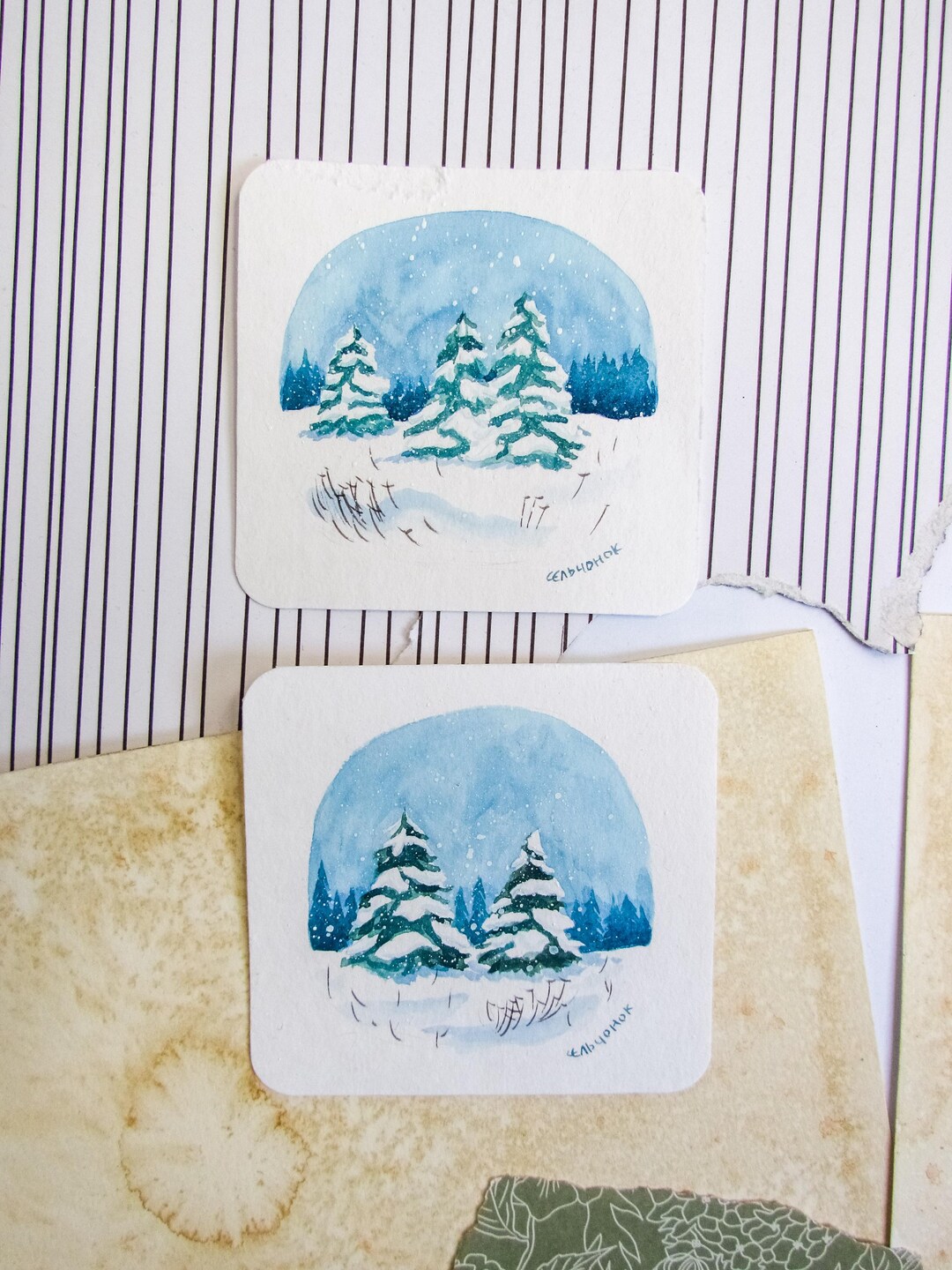 Set of 2 Original Watercolor Postcards – Snowy Winter Forest | Handmade ...