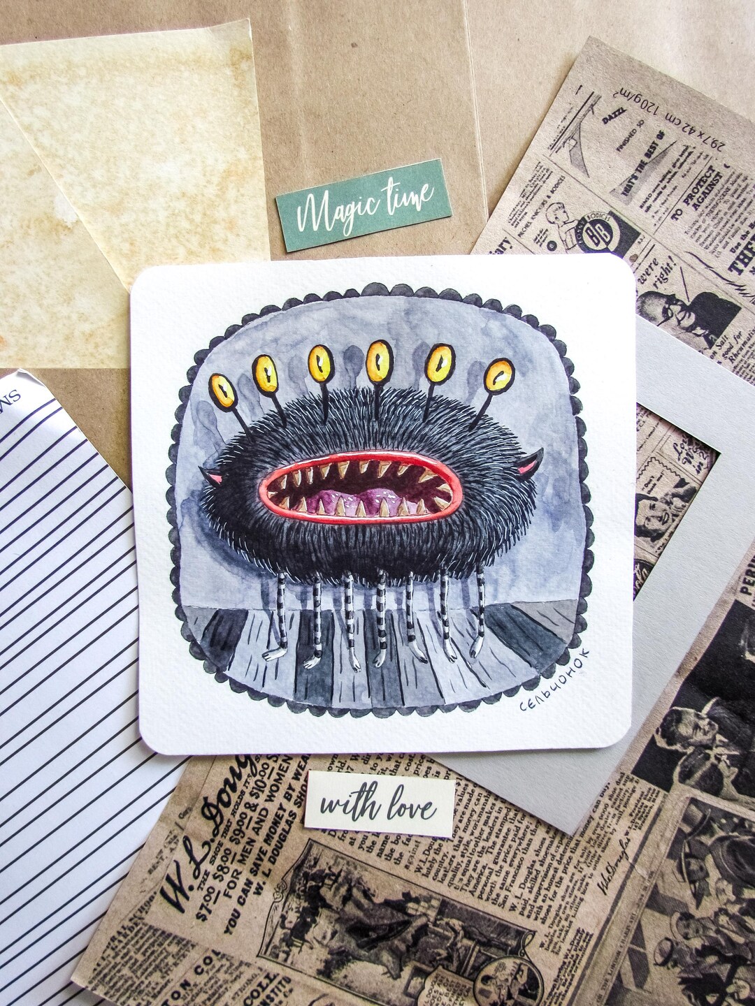 Six-eyed Furry Monster – Original Watercolor Illustration | Whimsical ...