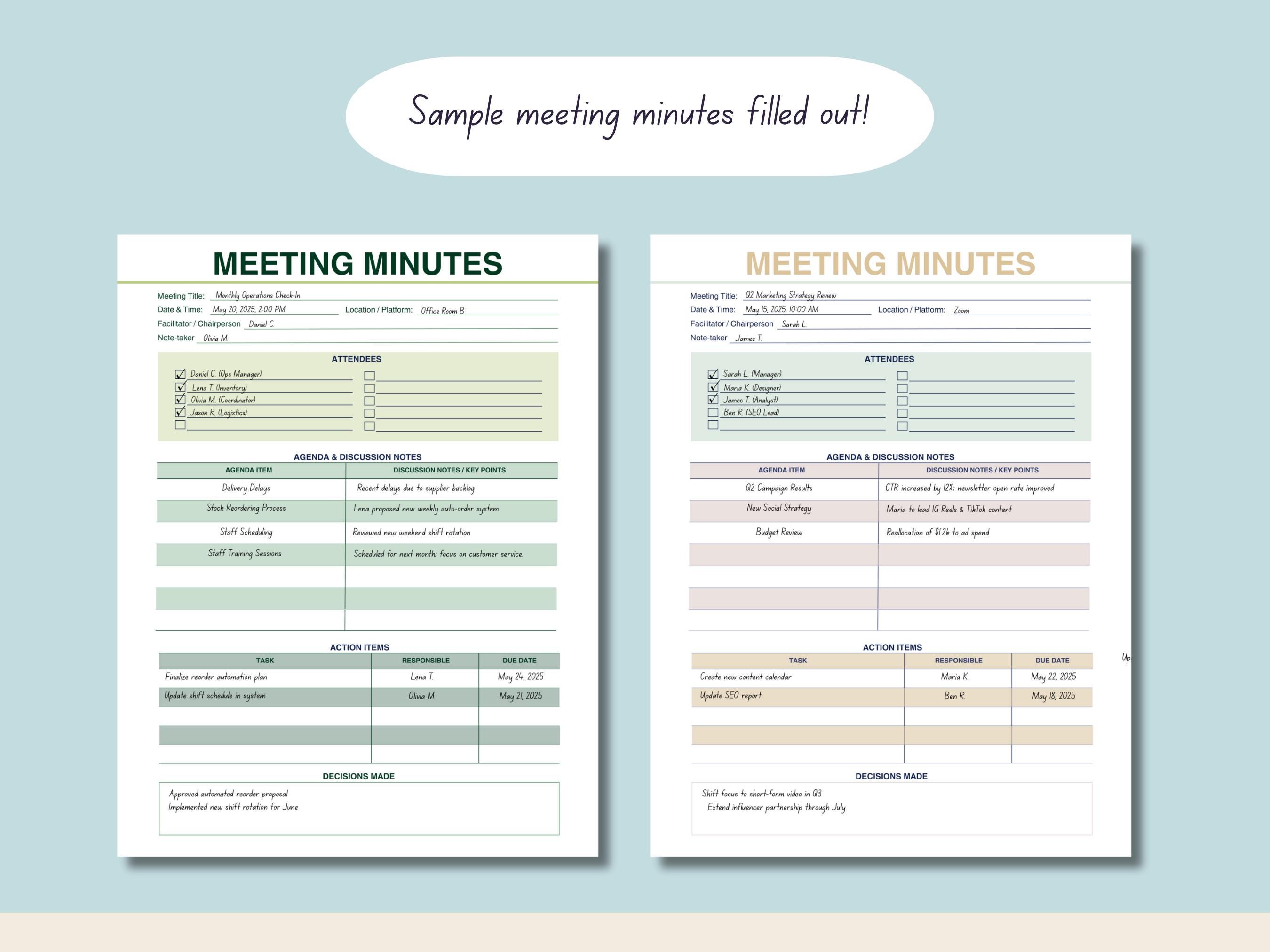 Meeting Minutes Template Printable, Digital Meeting Notes PDF, Business ...