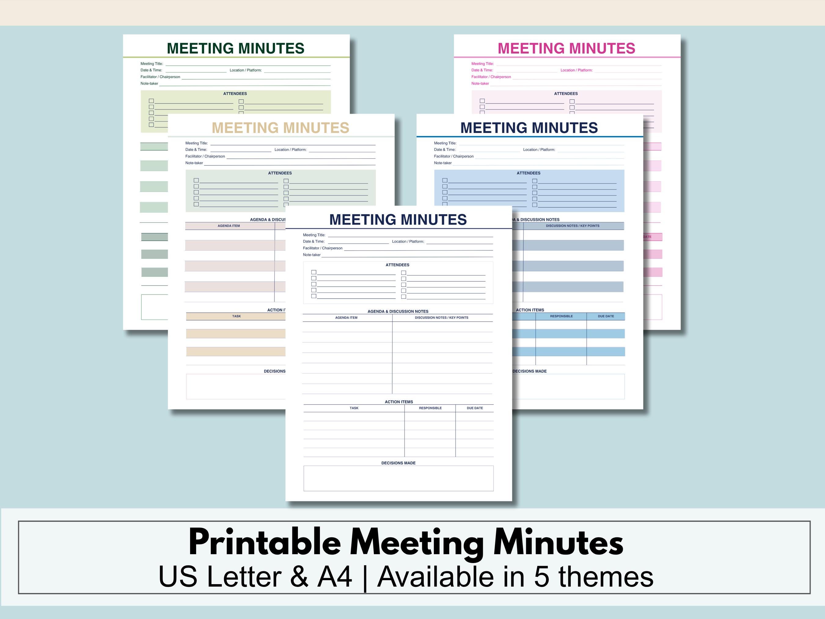 Meeting Minutes Template Printable, Digital Meeting Notes PDF, Business ...